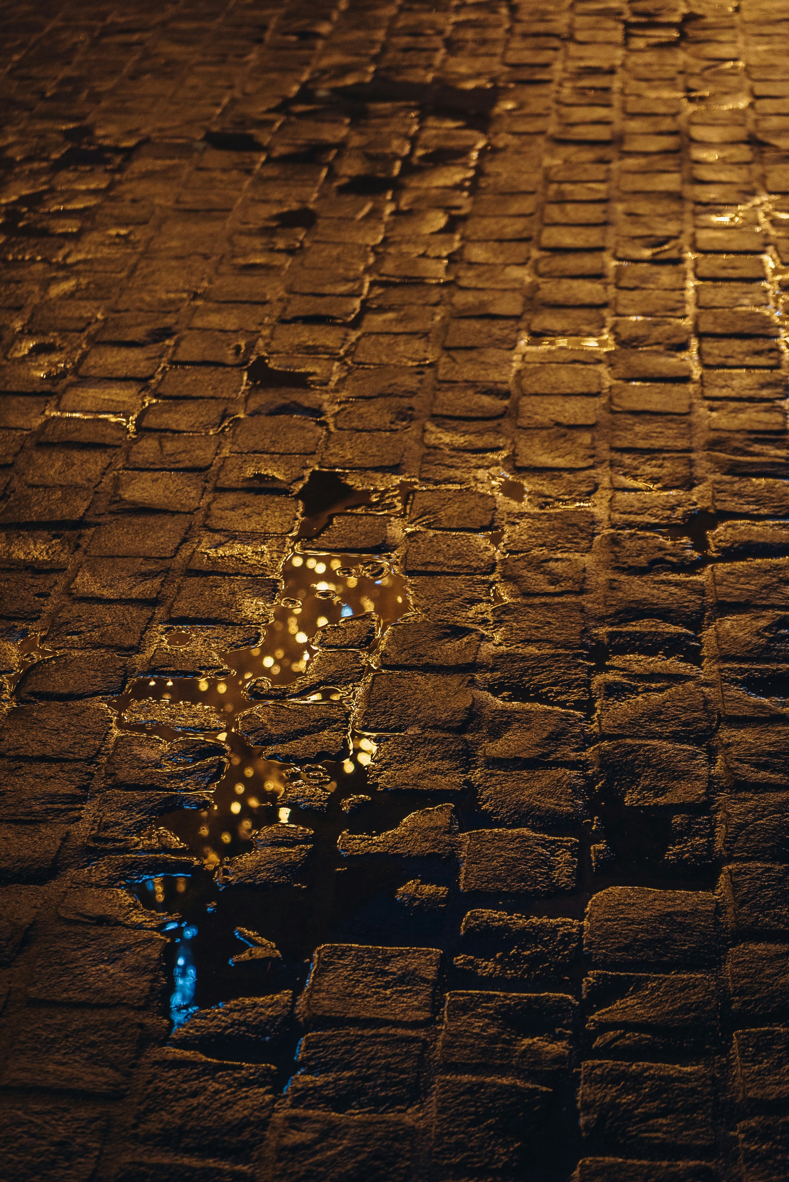 Amber Reflections on a Rain-Wetted Cobblestone Lane