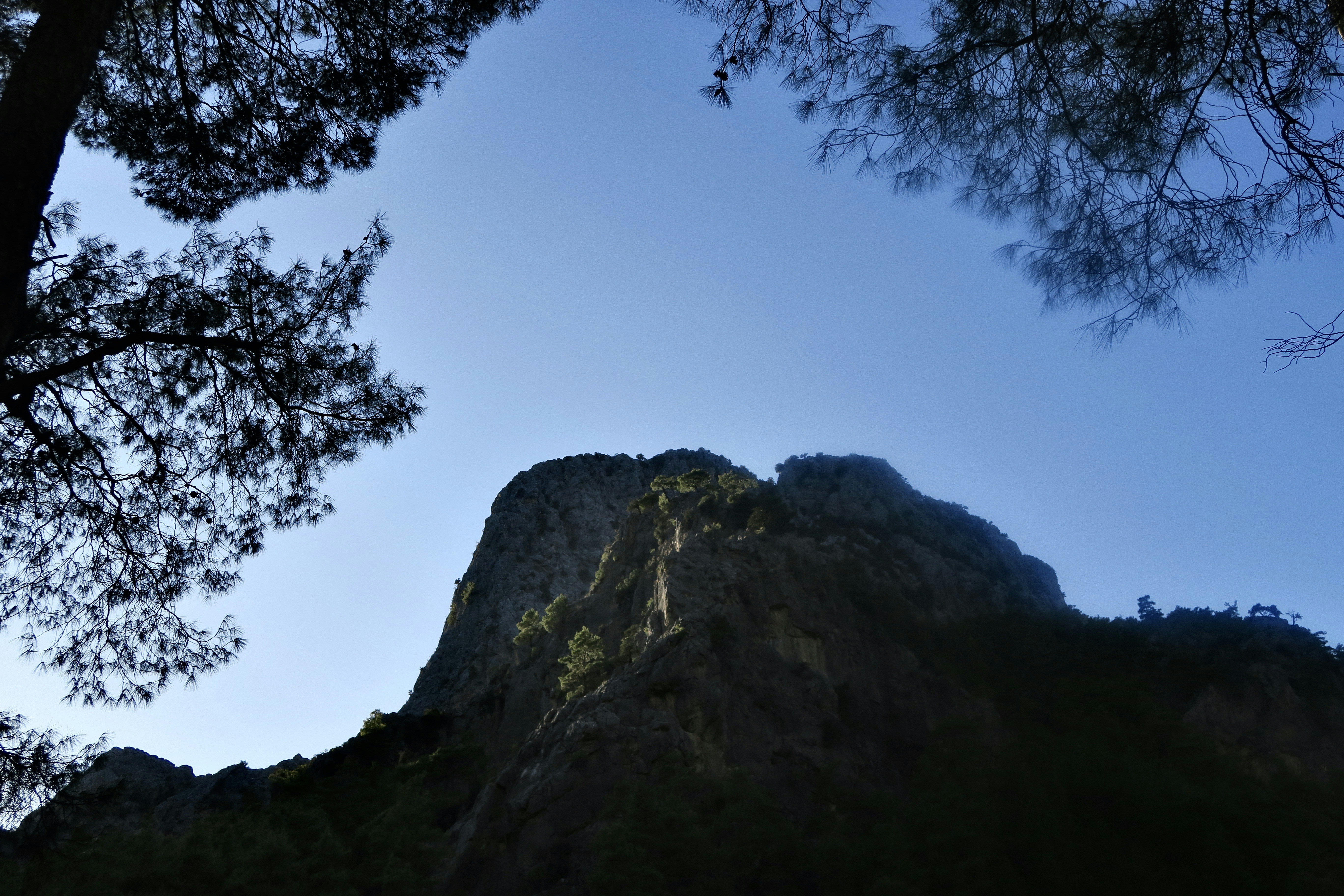 A view of the top of a mountain from below photo – Free Blue Image on ...
