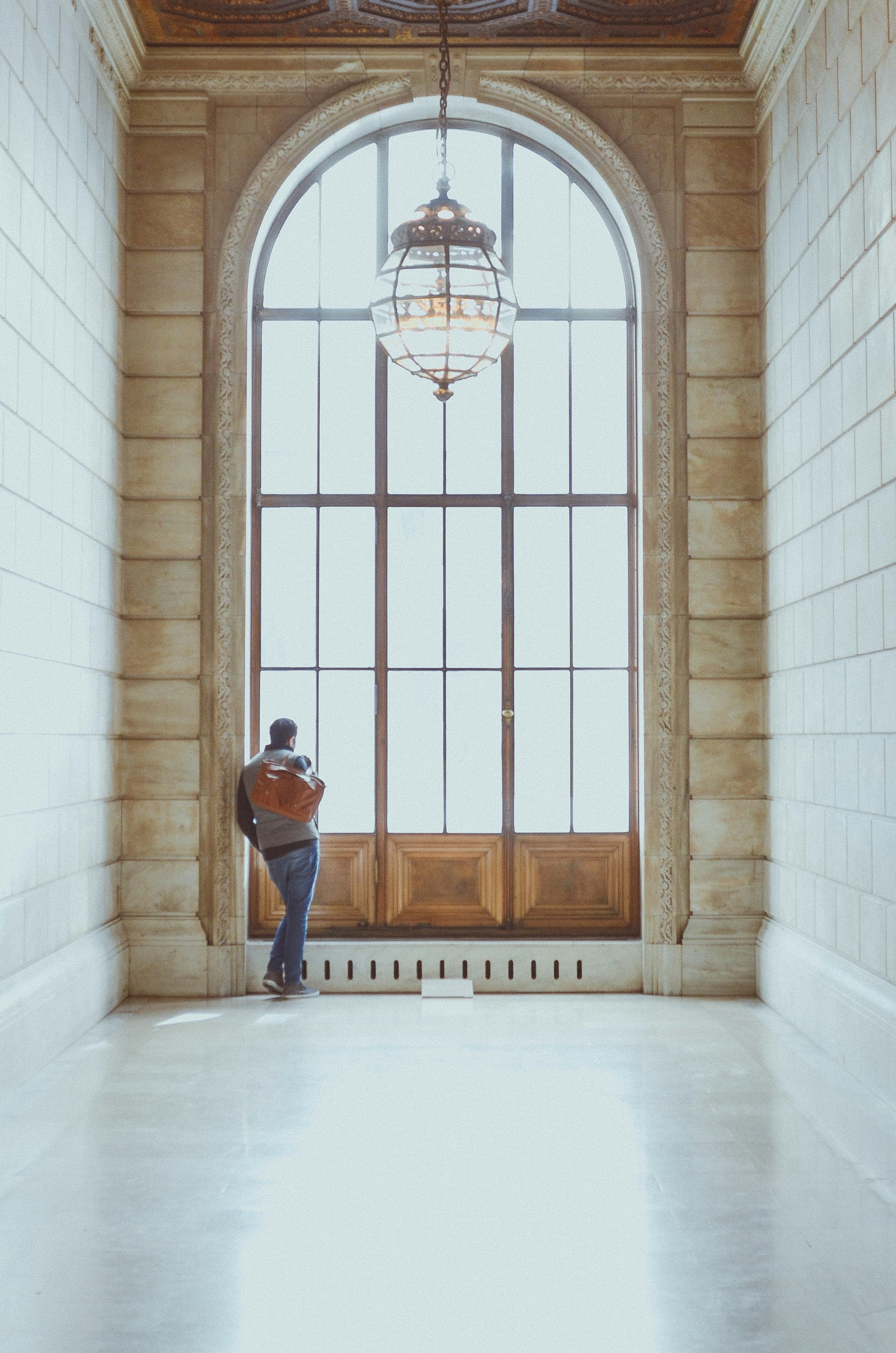 A solitary figure gazes out through a grand window framed by elegant architecture, evoking a sense of contemplation. The soft light enhances the serene atmosphere.