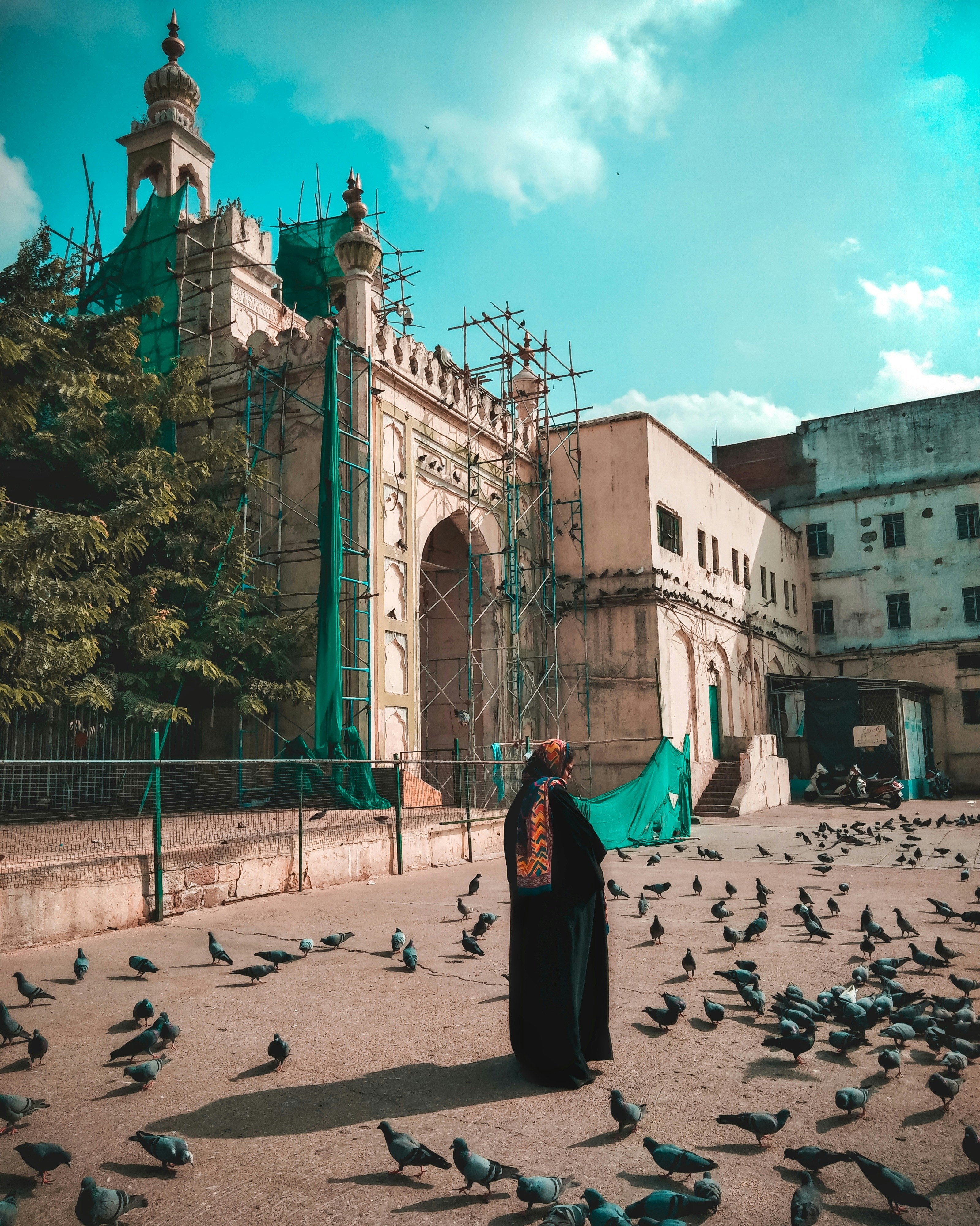 A woman in traditional attire stands gracefully, holding a green fabric, surrounded by pigeons in a historic courtyard under a bright blue sky.