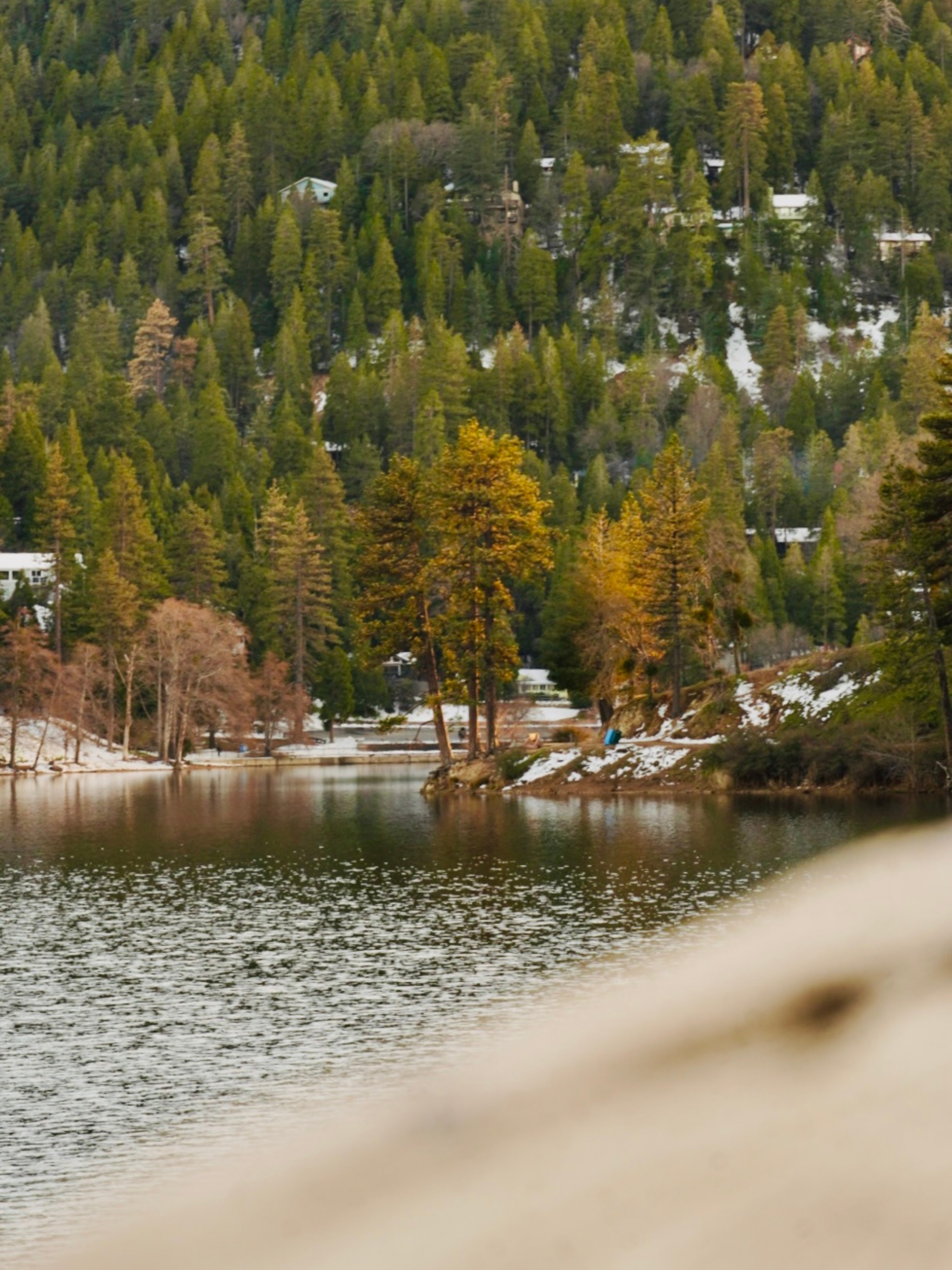Golden and green trees lining a tranquil lake, with hints of snow on the banks. The scene captures the peaceful transition of seasons.