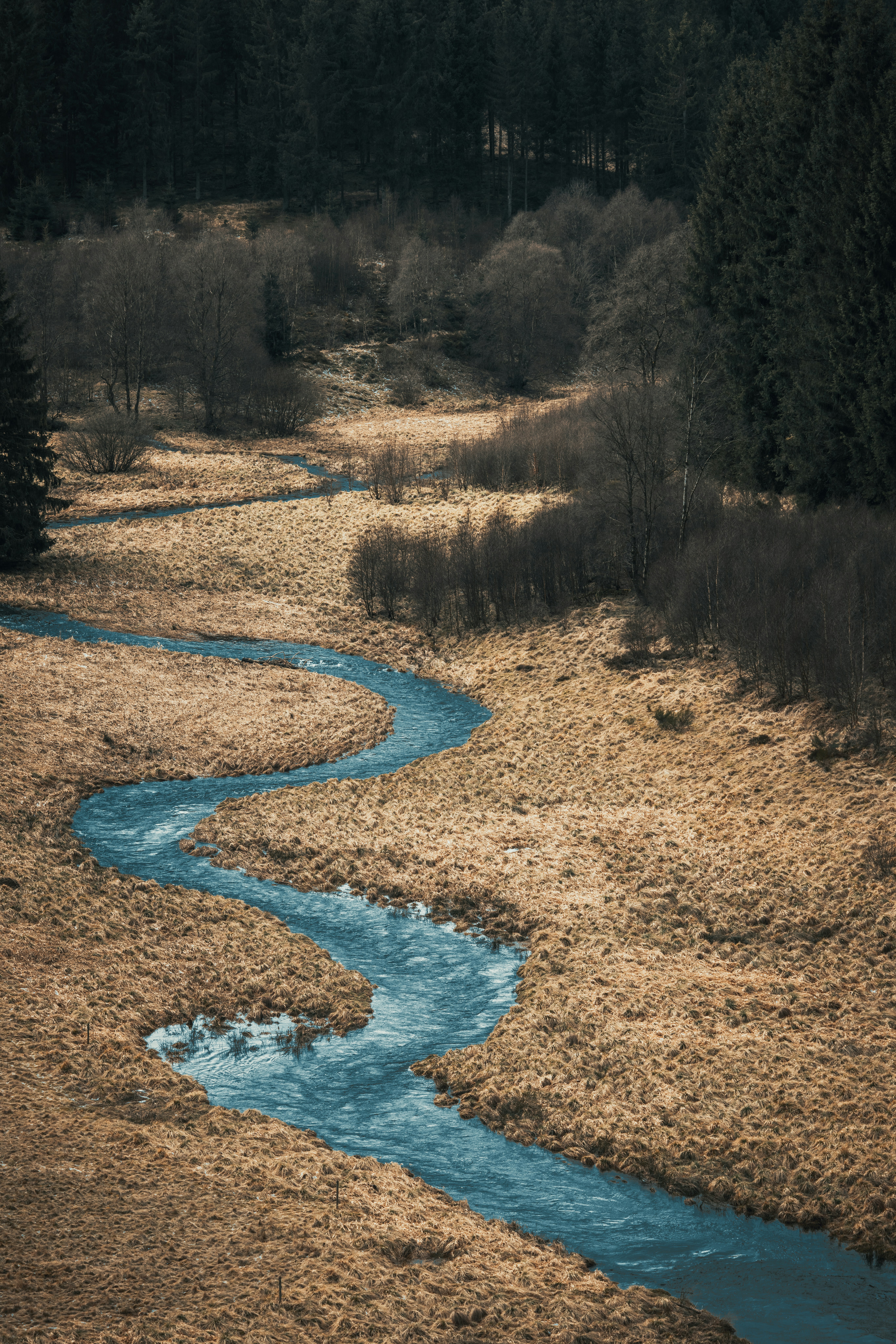 a stream running through a dry grass field