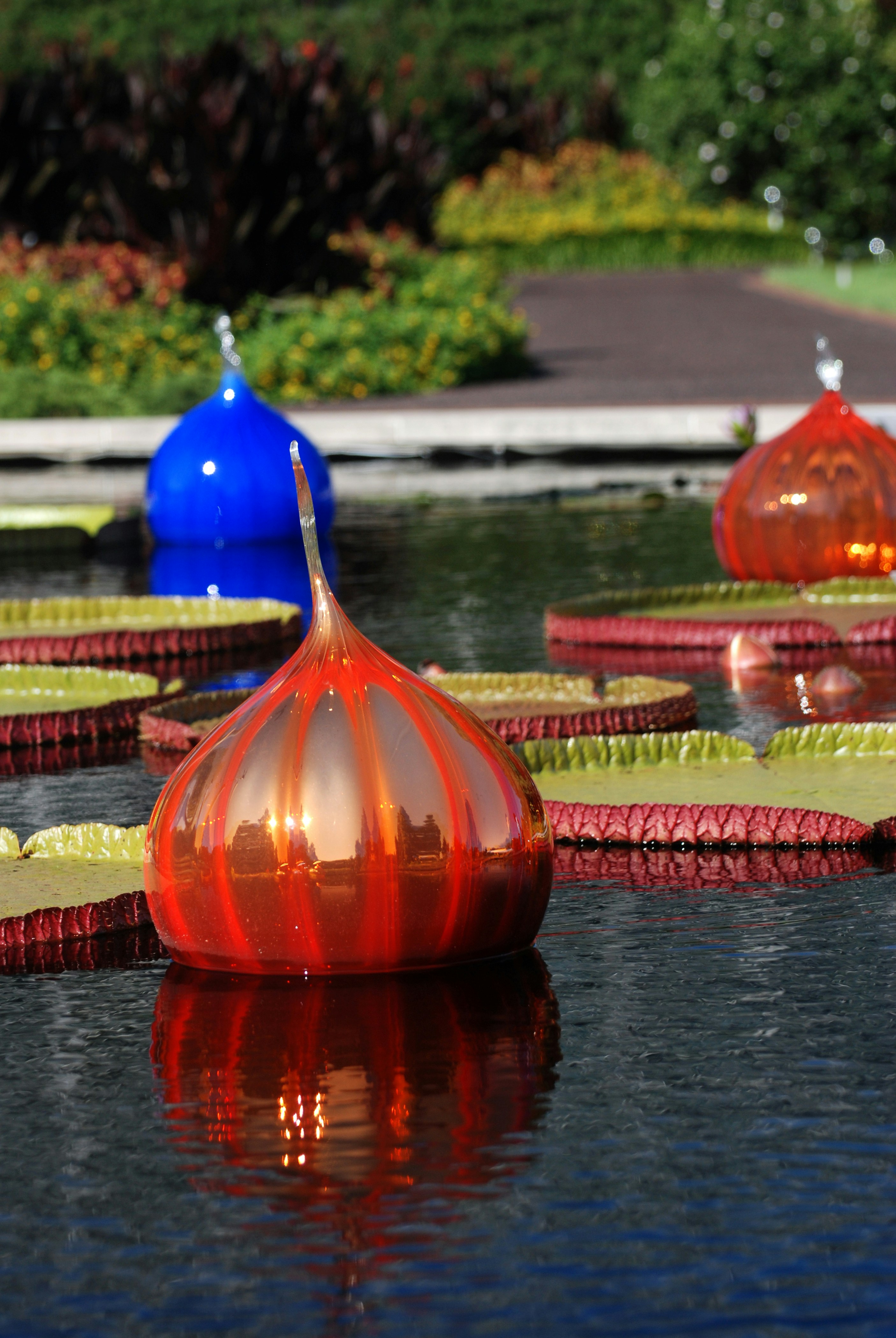 Floating lanterns of color: glass globes on a reflective pond