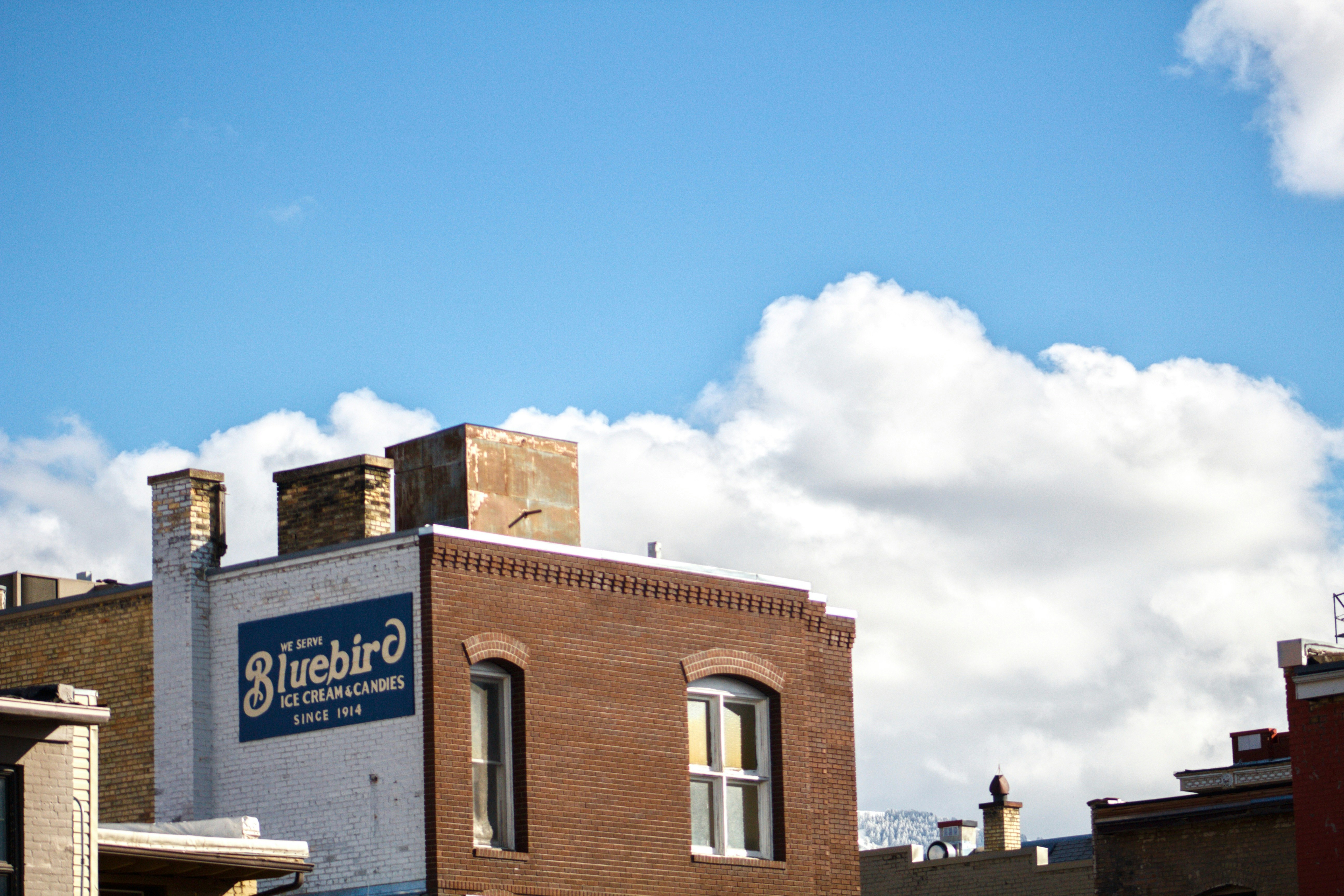 Bluebird Ice Cream Sign Anchors a Brick Corner Under a Clear Urban Sky