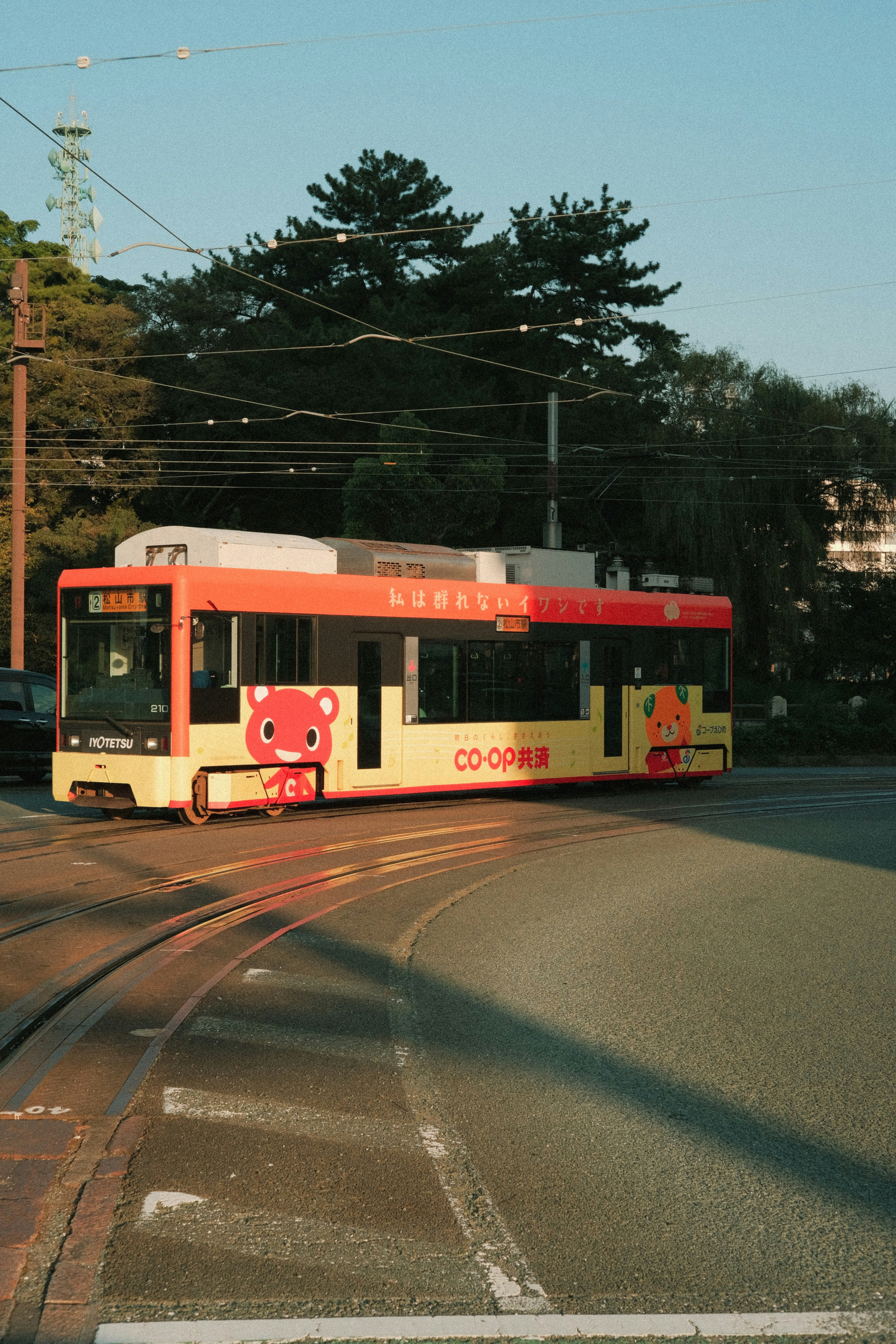 A red and yellow bus driving down a street photo – Free Cable car Image ...