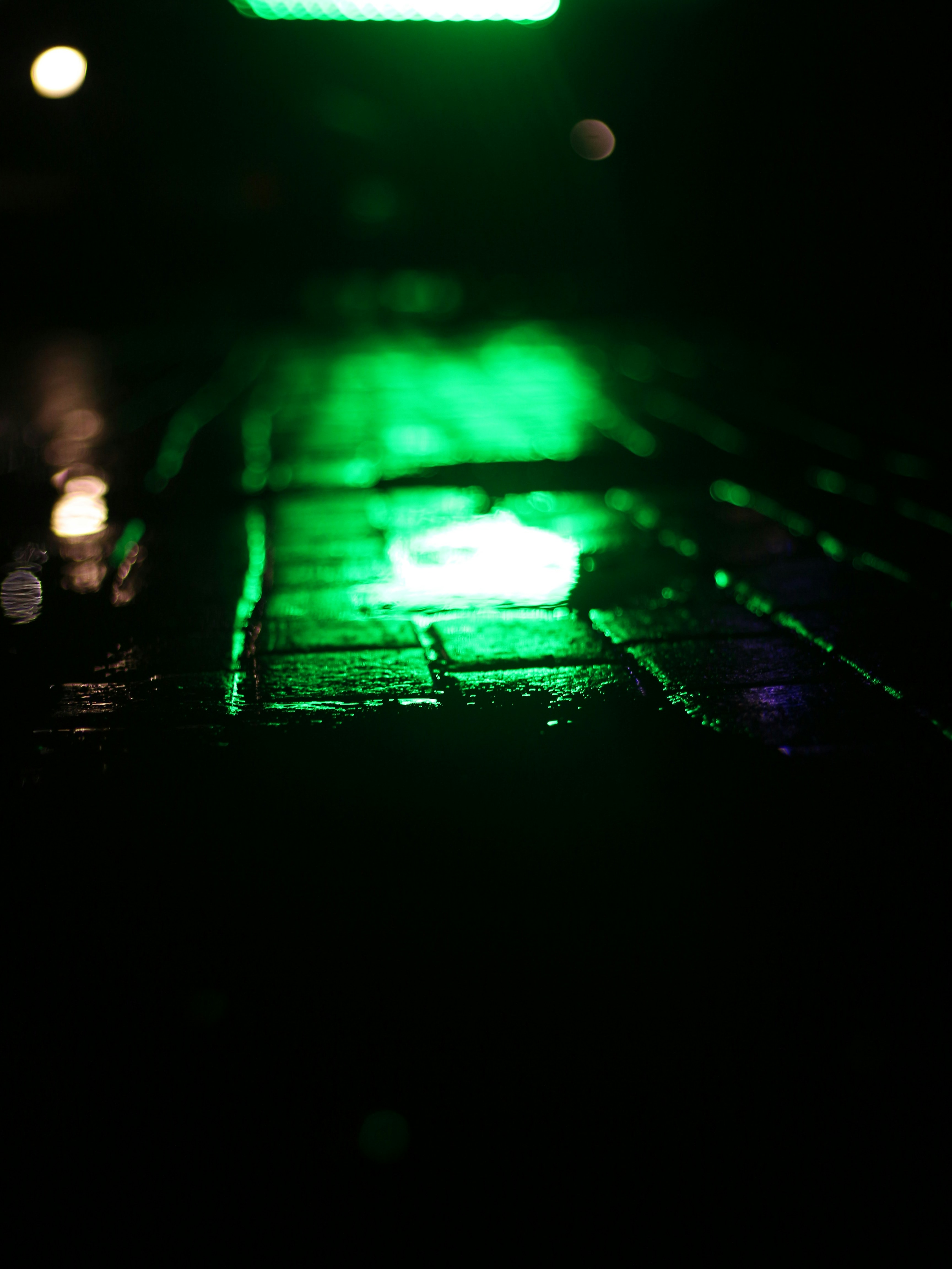 Reflection of green light on a wet brick pavement at night.