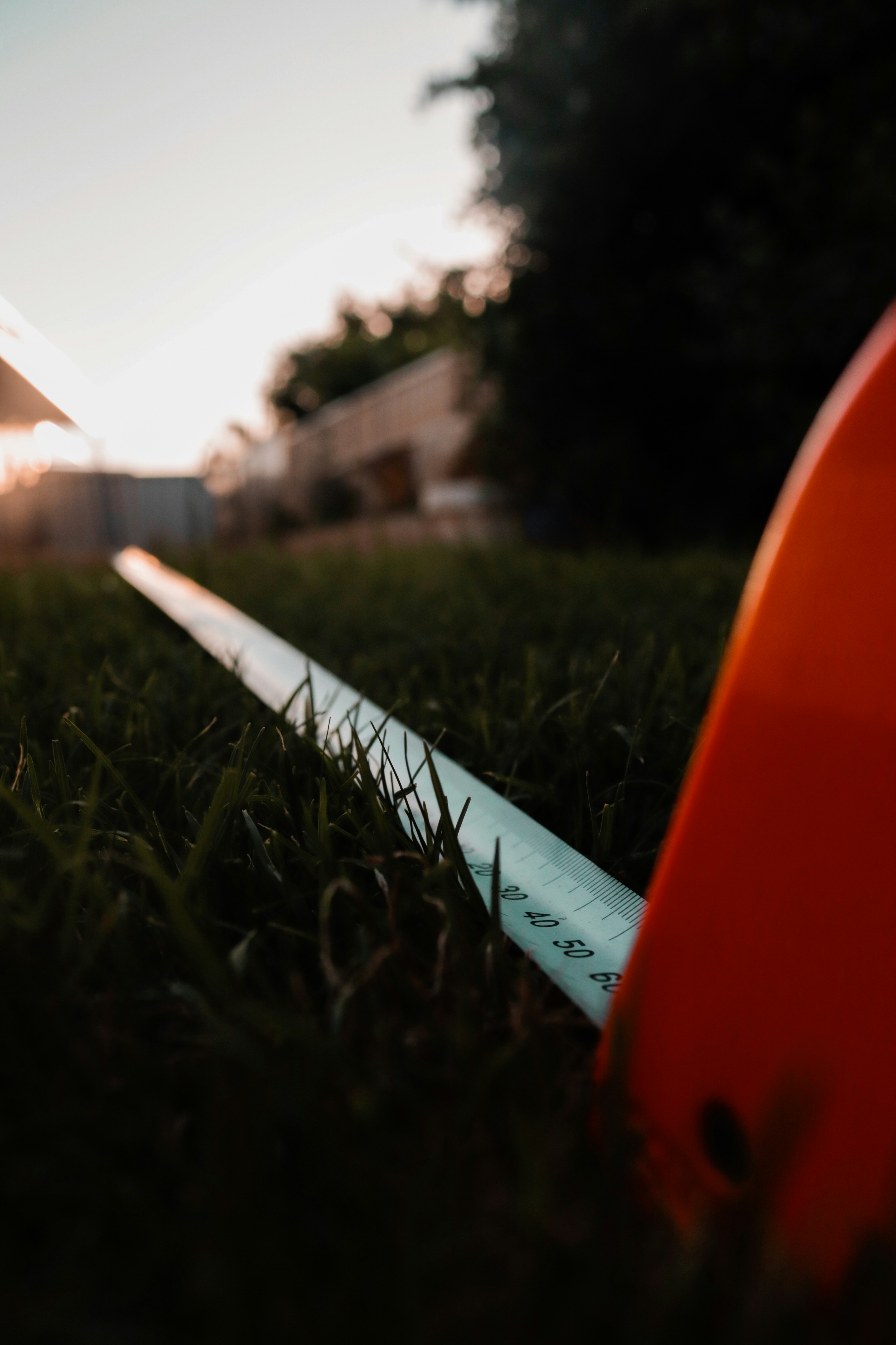 Close-up view of a measuring tape positioned on grass, with a blurred background capturing a serene outdoor setting at dusk.