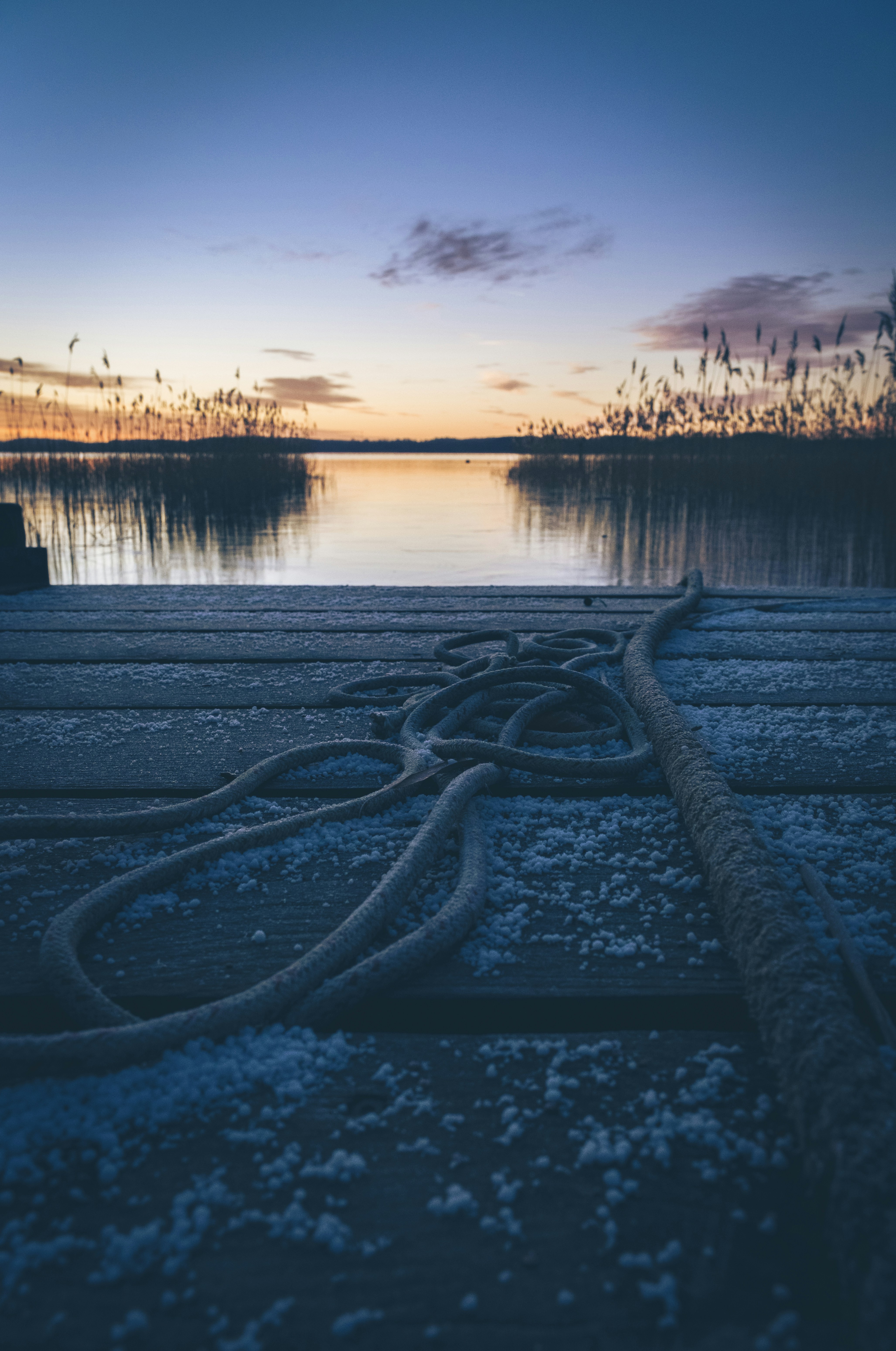Rope coiled on a wooden dock with a serene lake reflecting the twilight sky and silhouetted reeds in the background.
