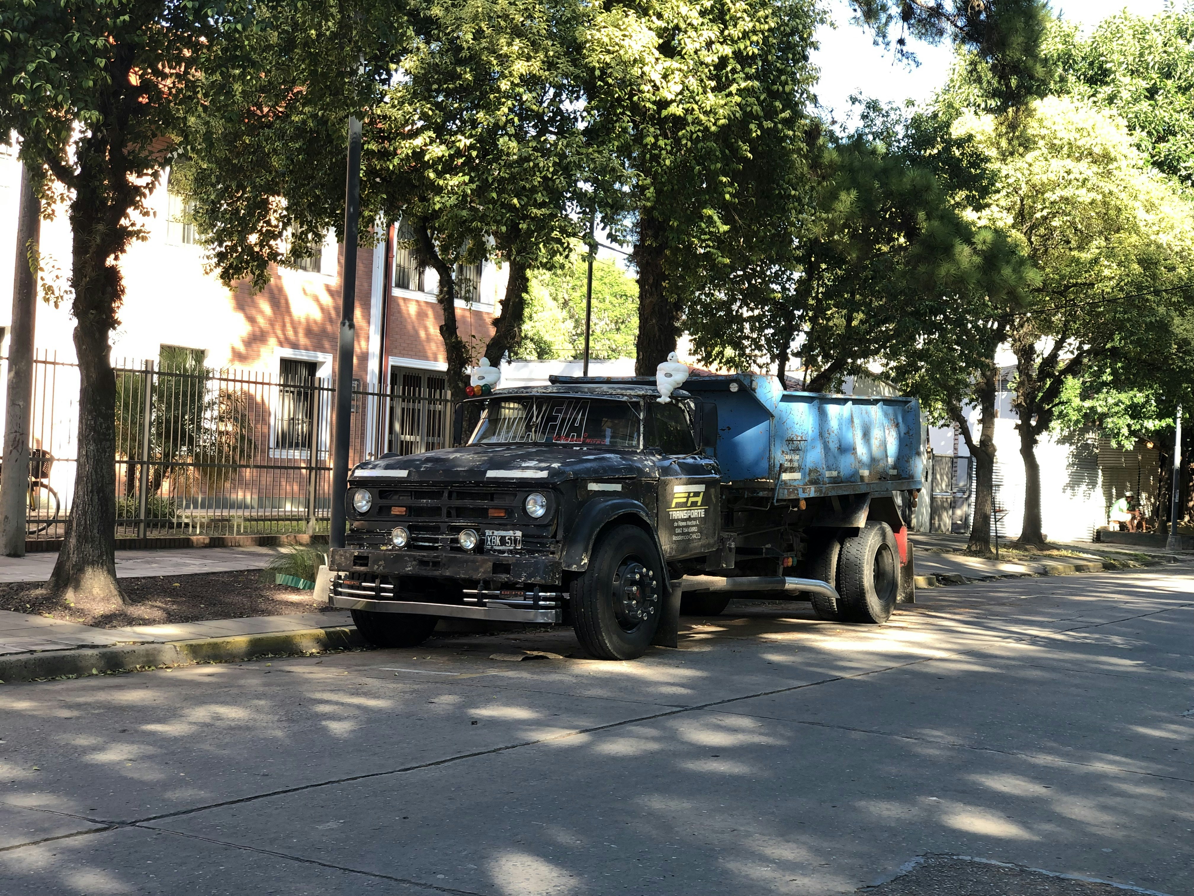 Sunlit Boulevard Behemoth: A weathered dump truck anchors a quiet urban street