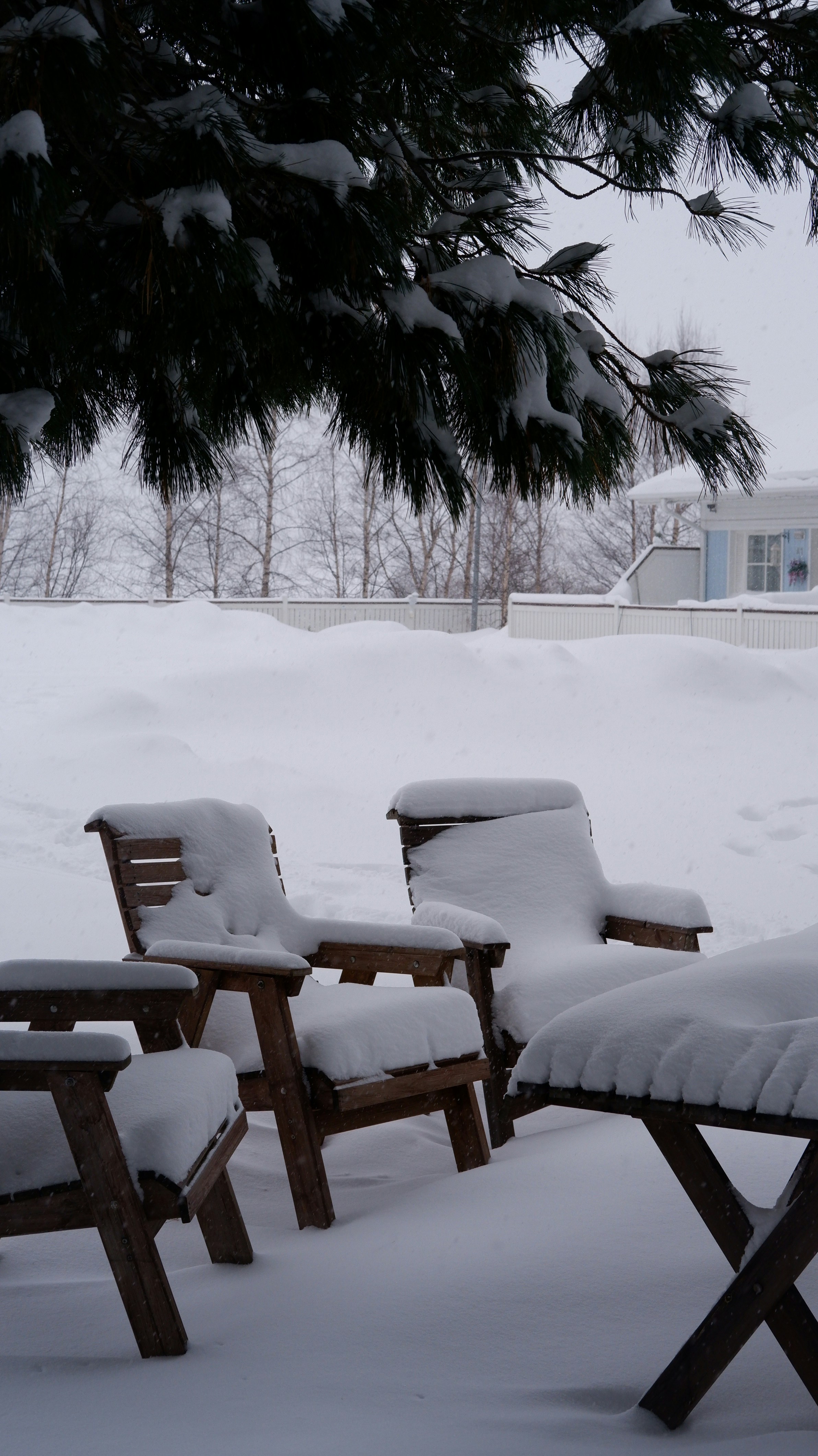Snowbound Porch: Wooden Chairs Embrace a Quiet Winter Scene