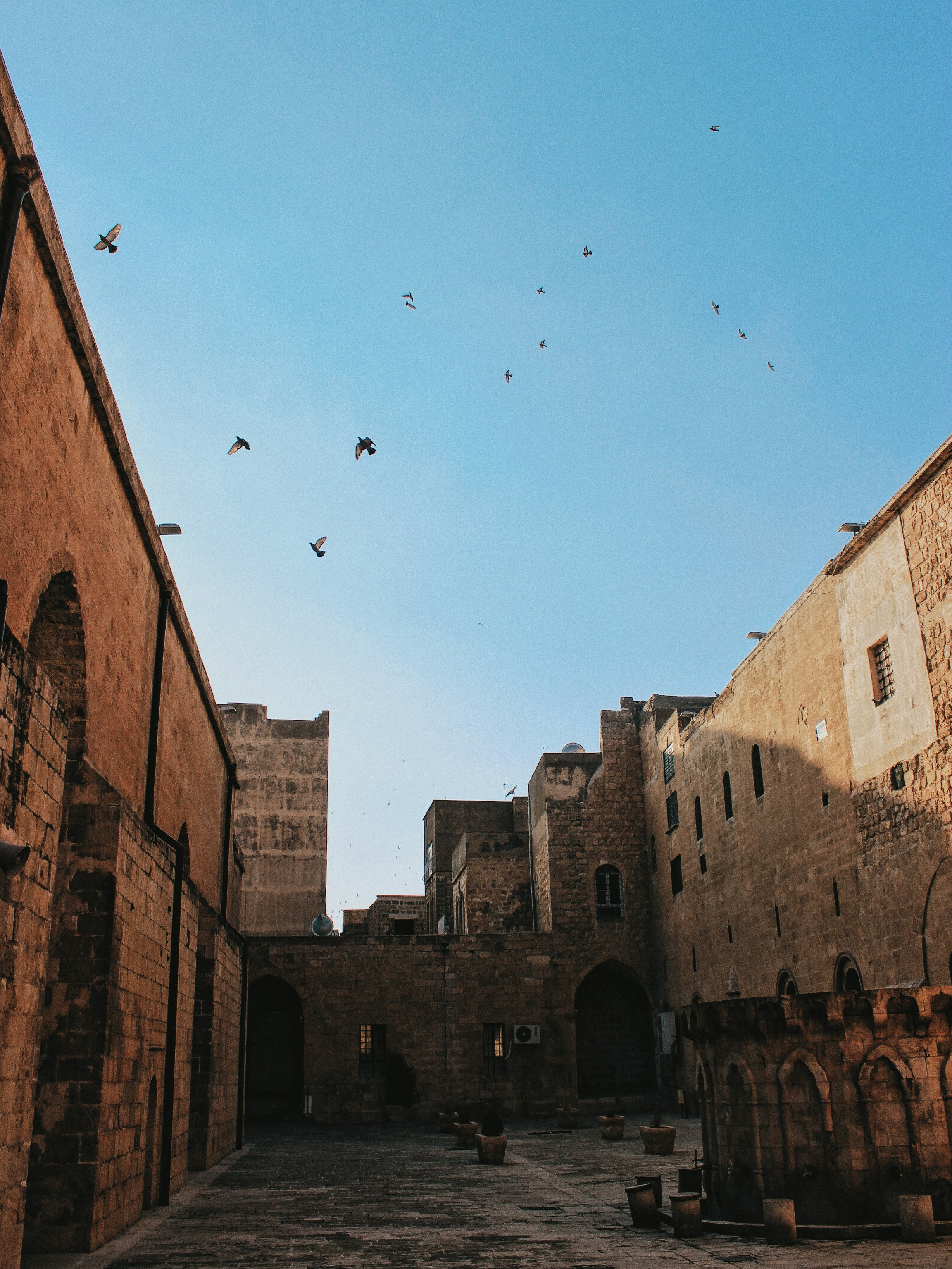 A serene courtyard with ancient stone walls under a clear blue sky, dotted with birds in flight.