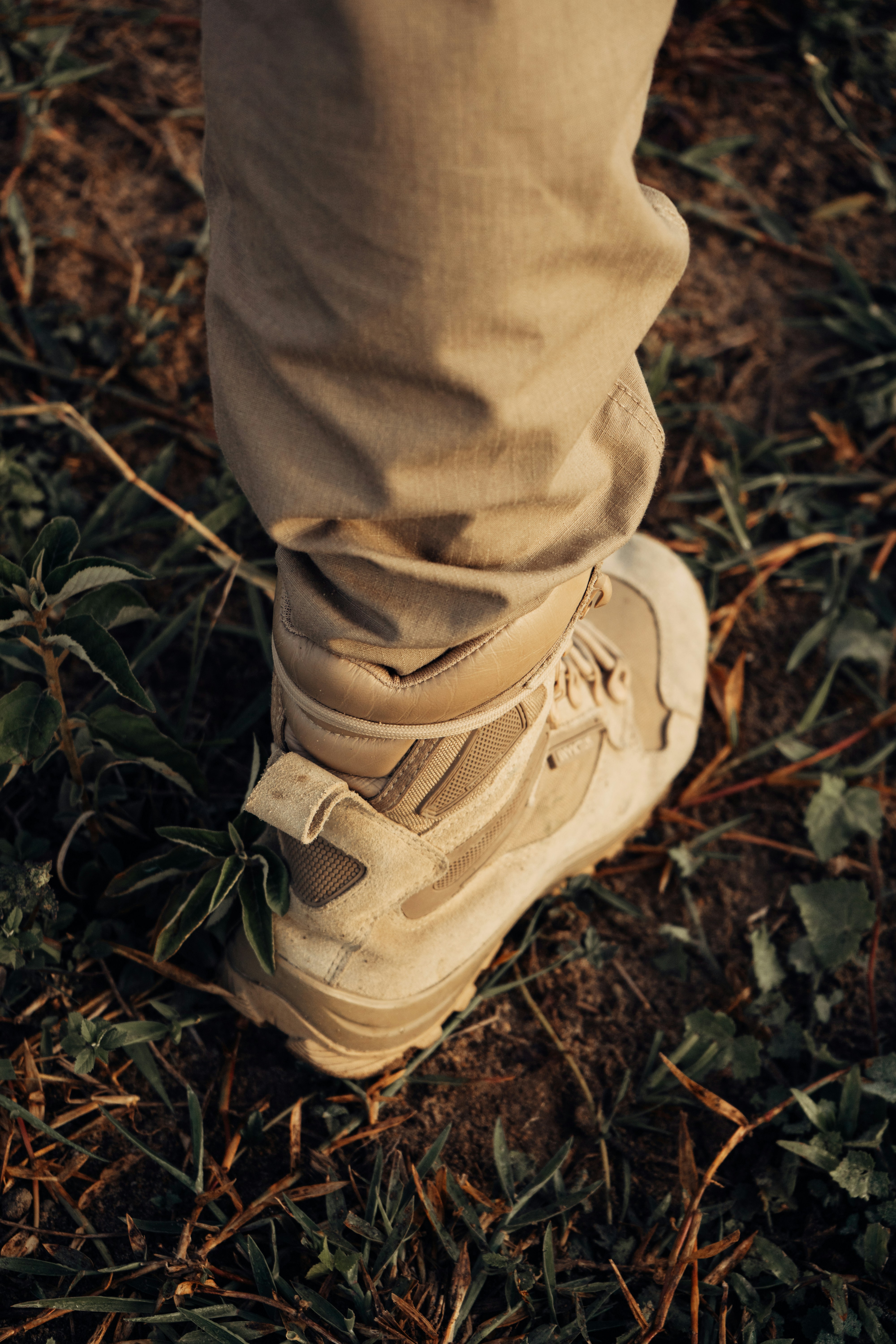 Tan Hiking Boot Anchors a Quiet Step Through Leafy Underbrush