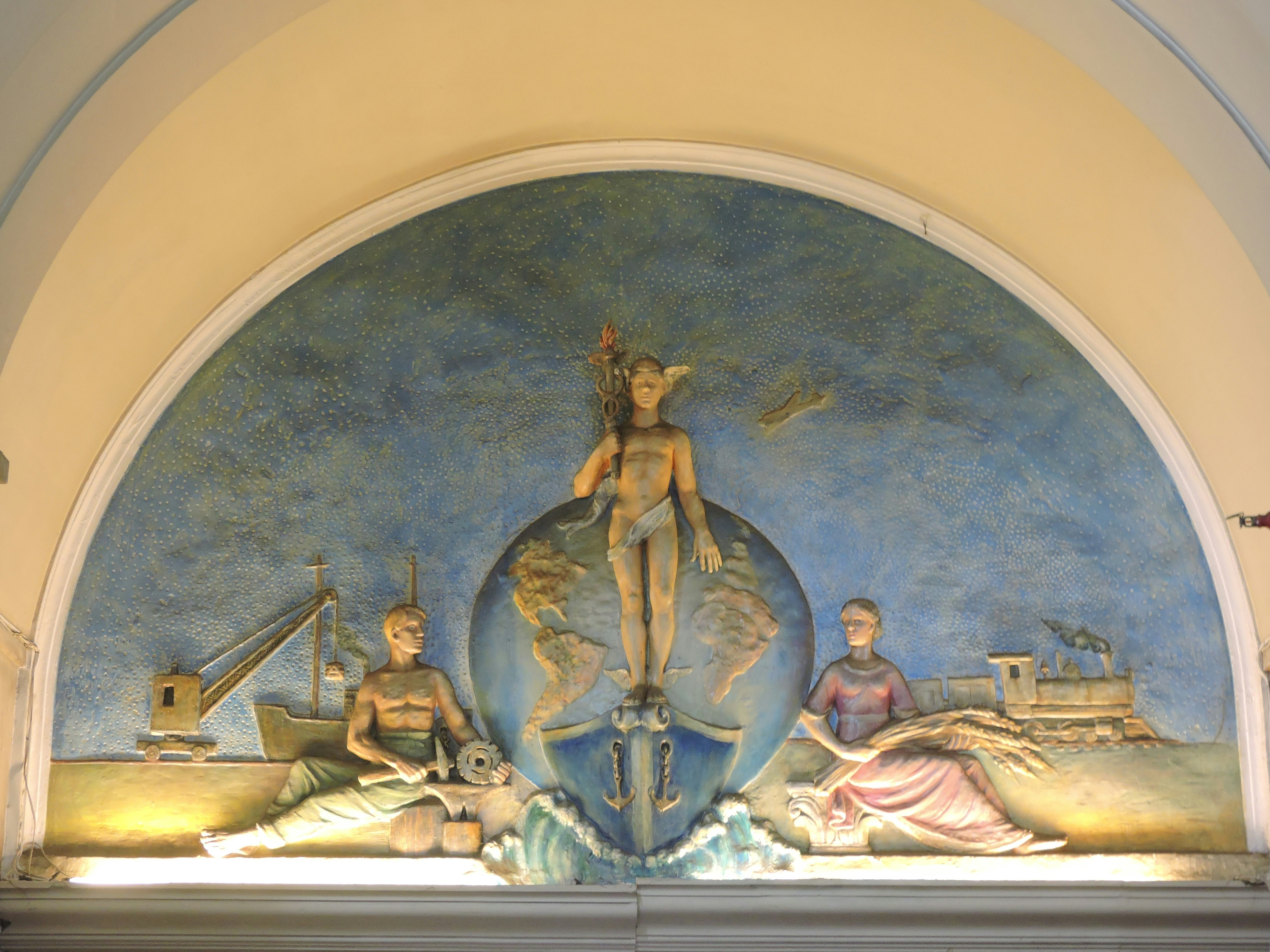 A mural depicting allegorical figures representing industry and agriculture, centered around a globe, showcasing the balance between human activity and the natural world.
