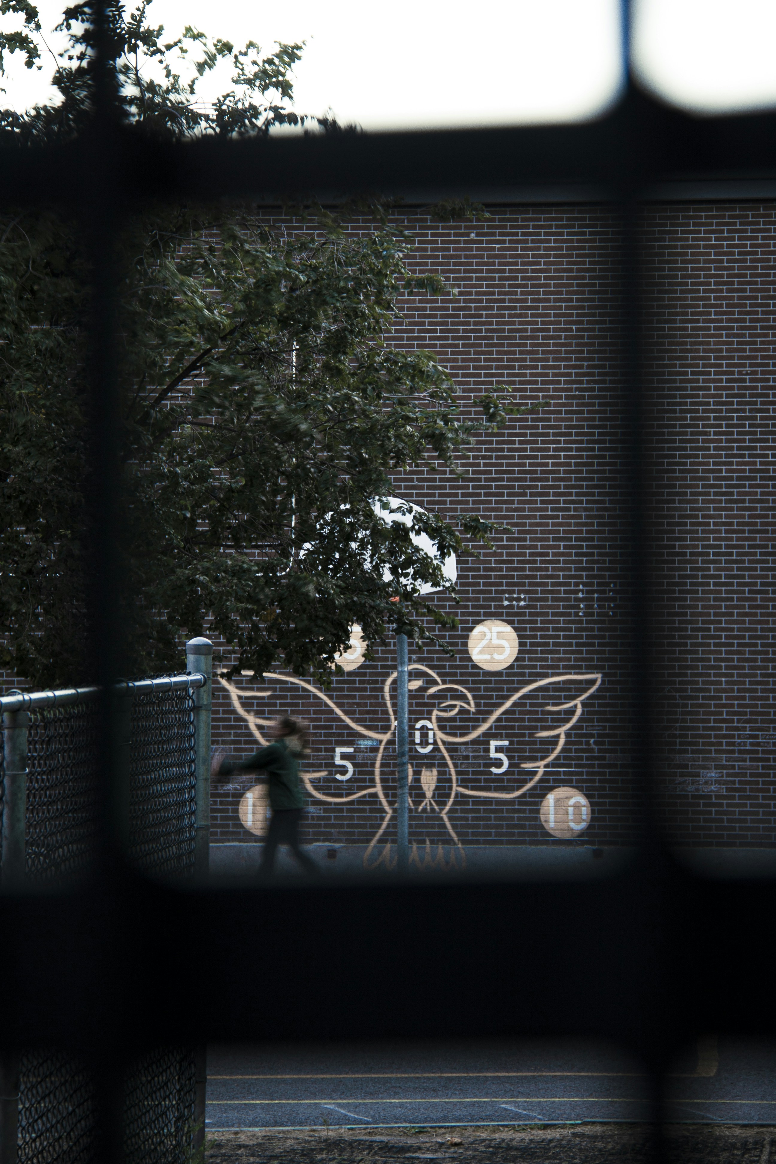 Winged mural through the grid: a quiet moment by the brick wall