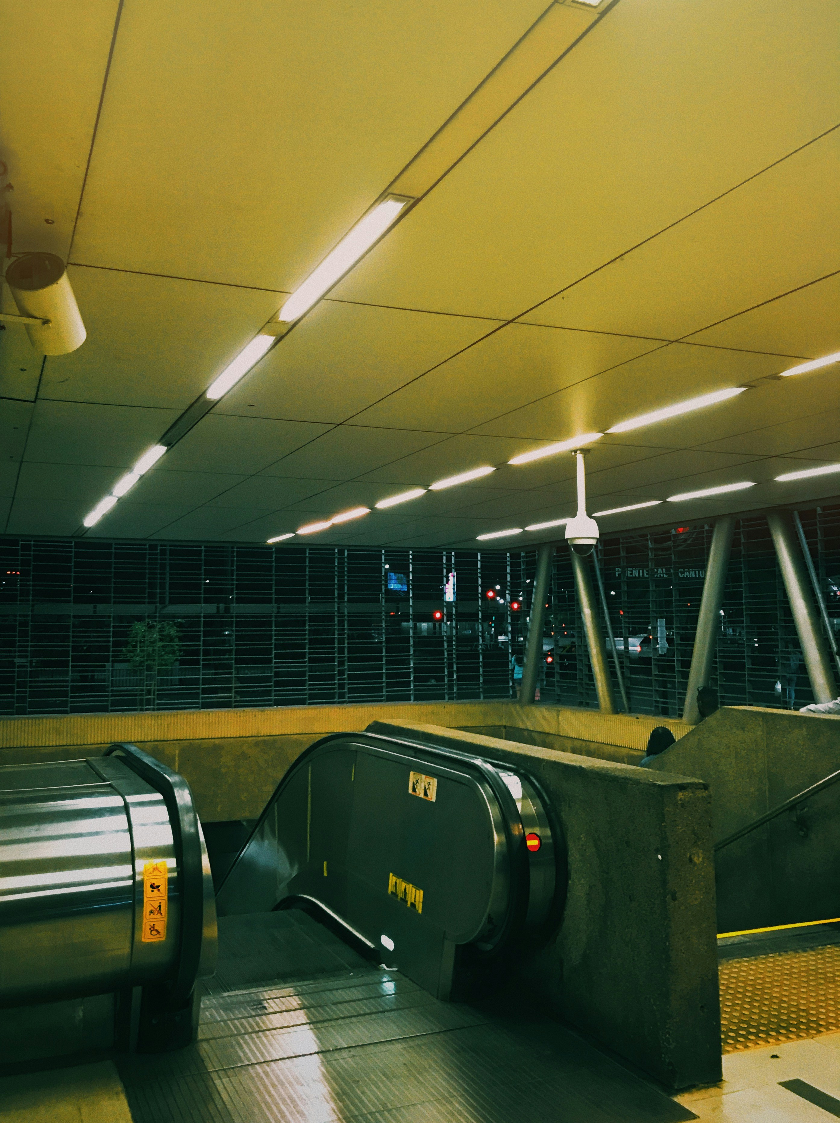 Fluorescent Descent: Neon-Warmed Escalator in a City Terminal