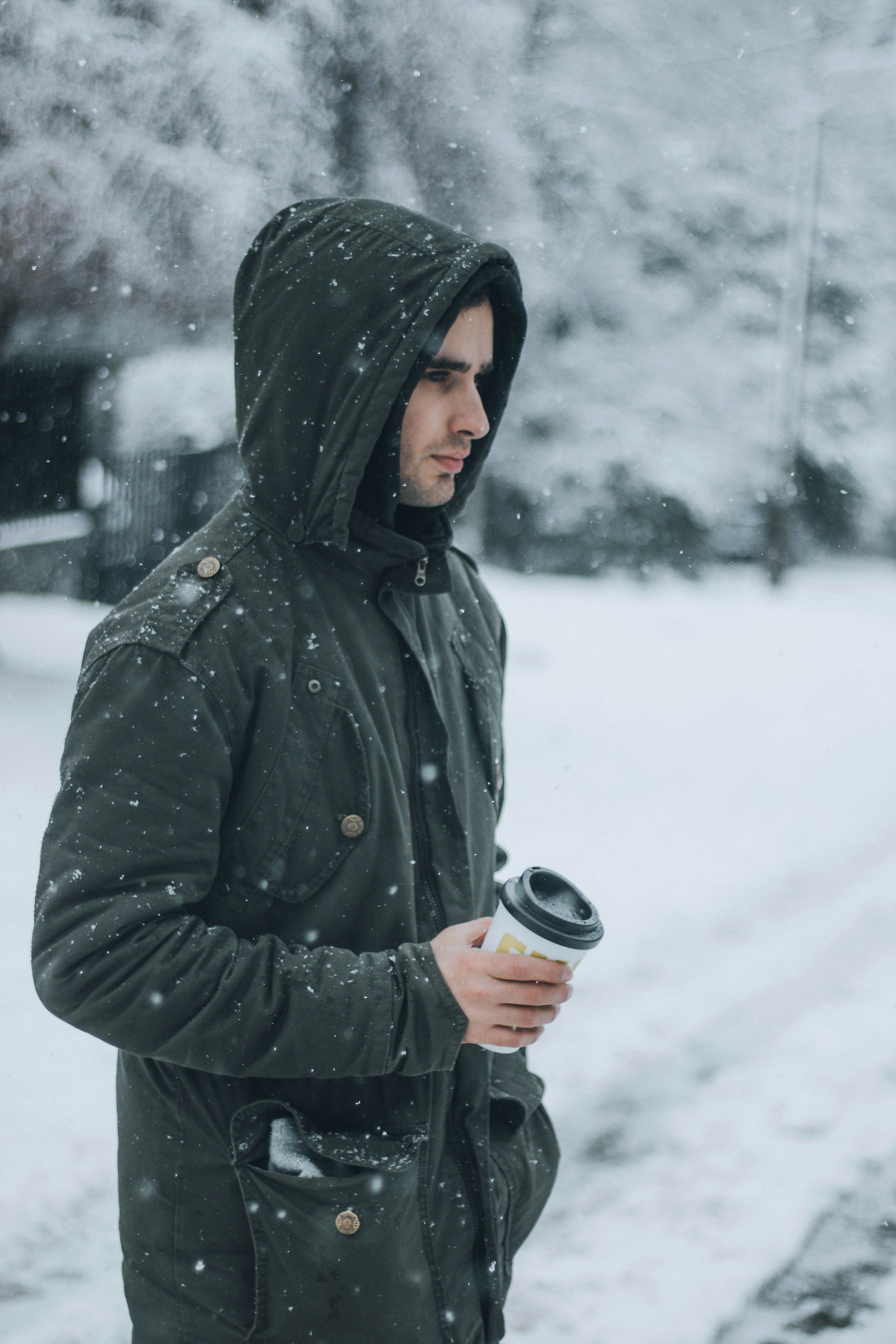 Midwinter Quiet: A Green-Parka Moment Beneath Falling Snow