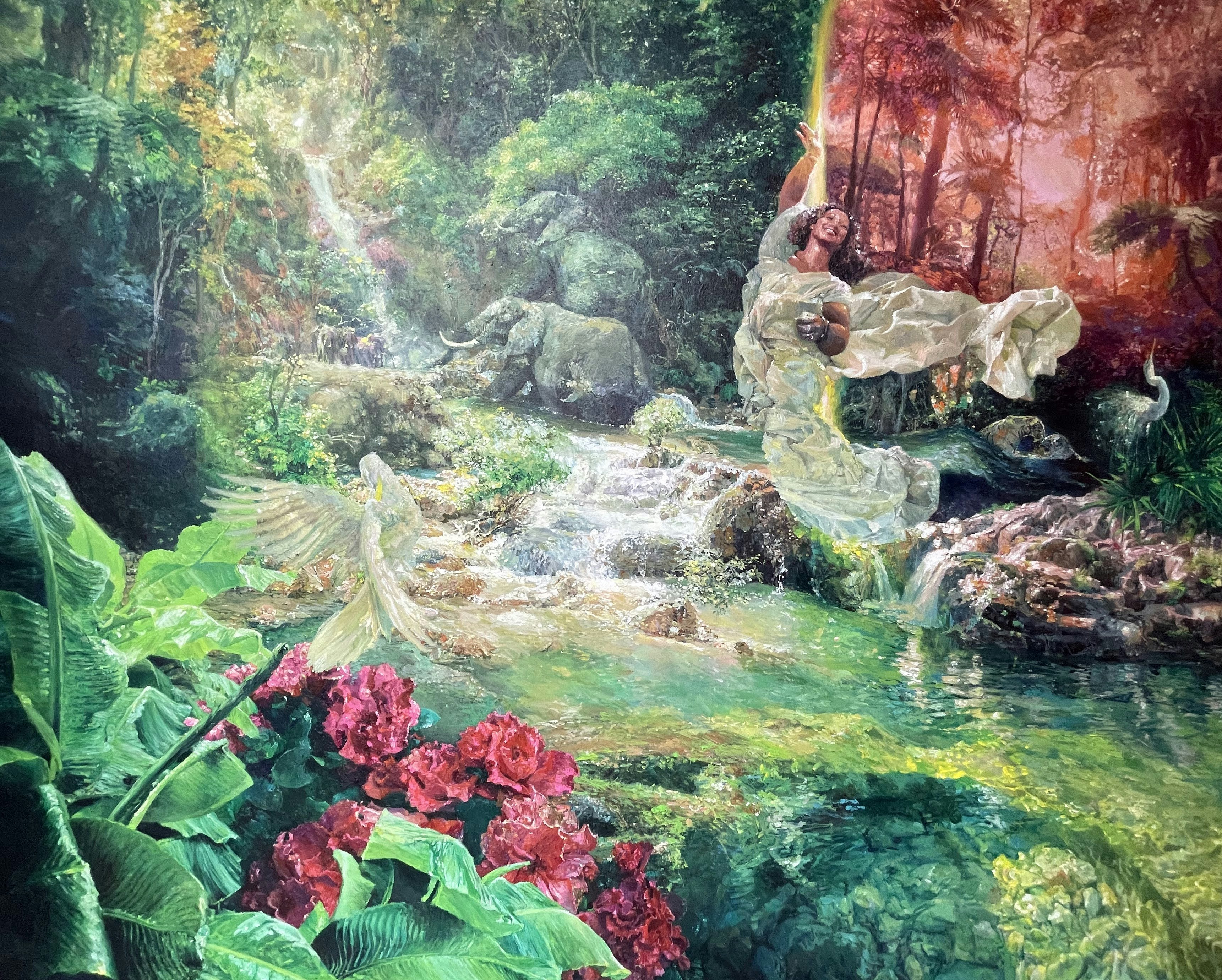 Verdant Reverie: Stone Fountain in a Turquoise Oasis