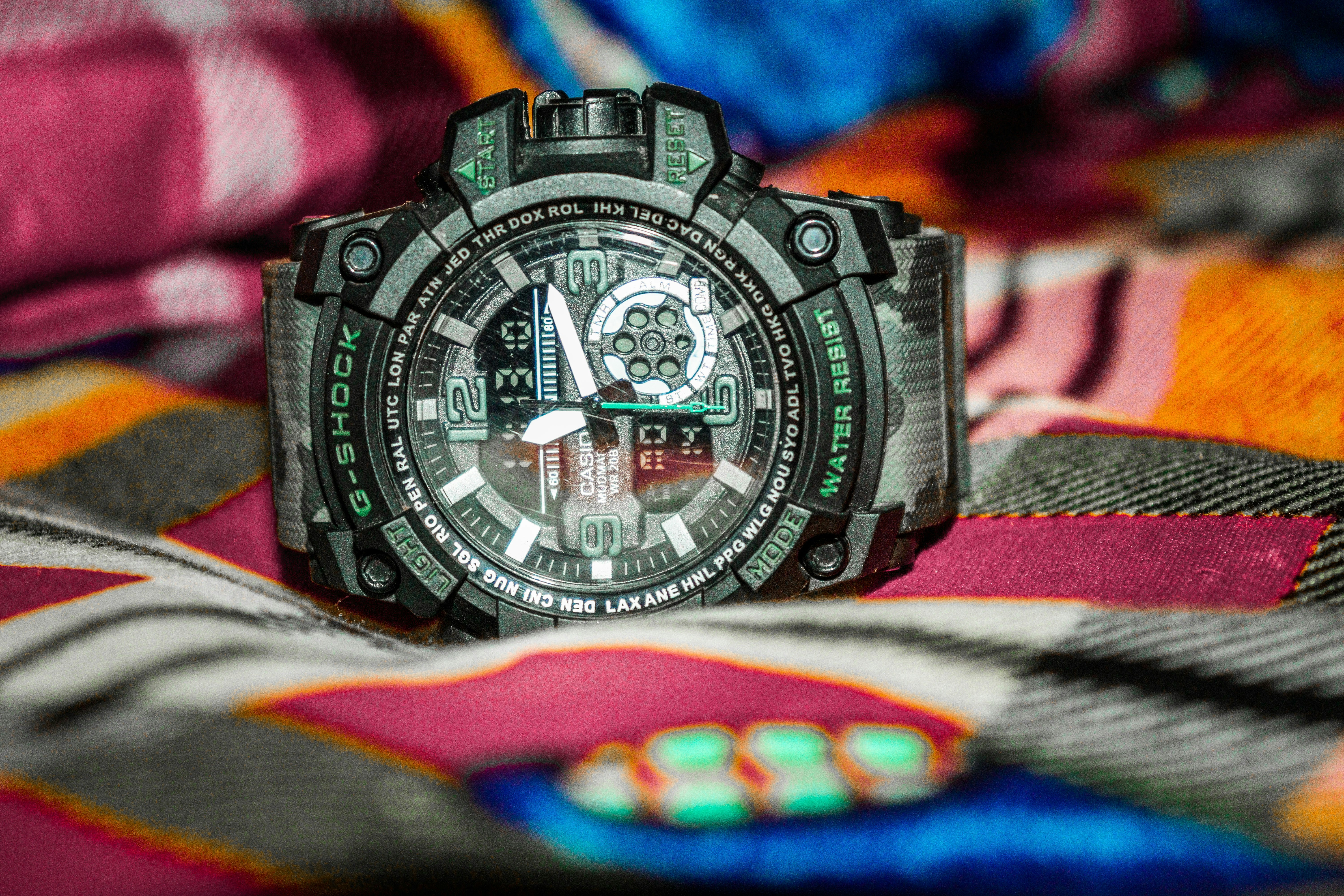 Rugged Dial on a Rainbow Quilt: Close-Up of a Timekeeper