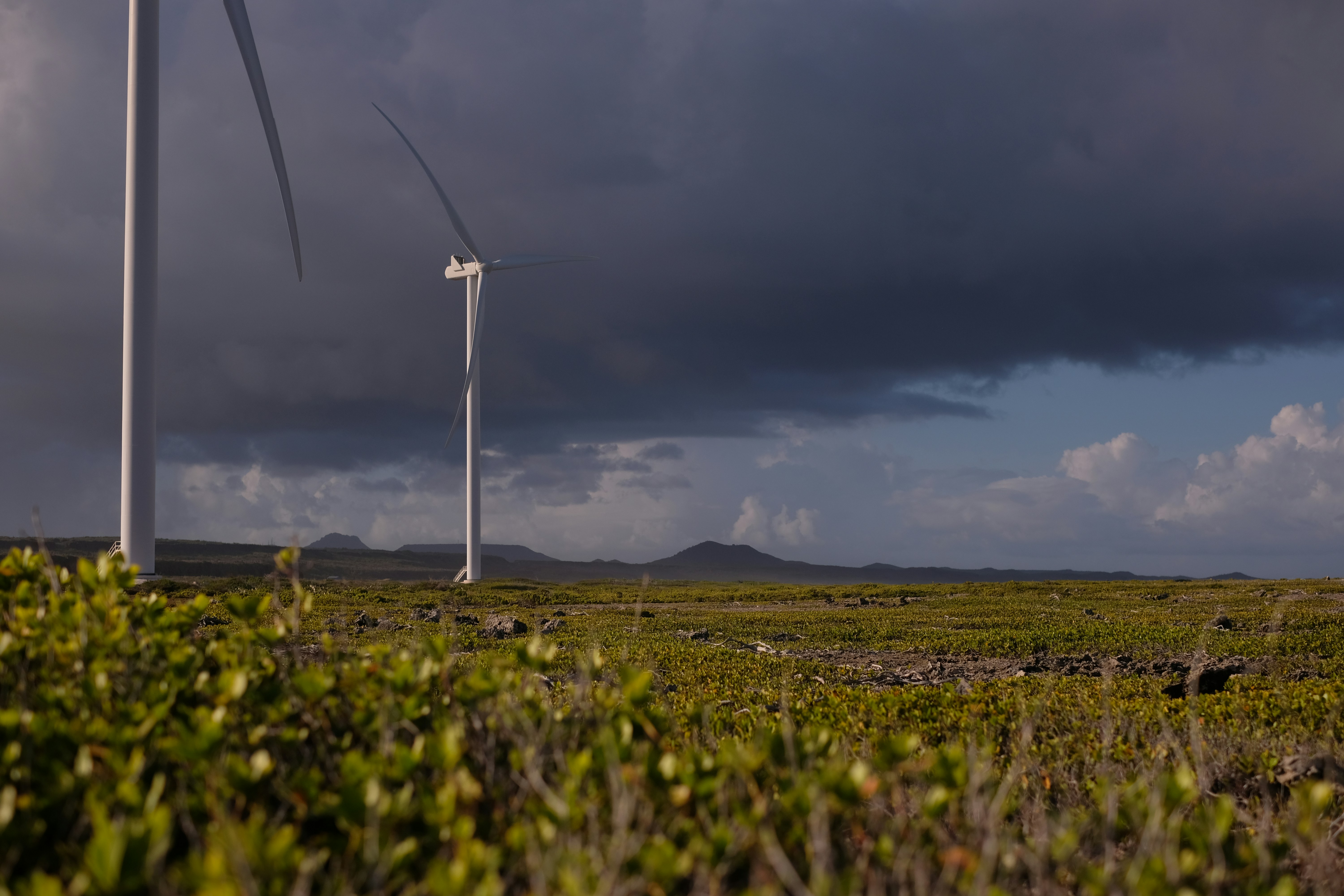 Three wind turbines in a grassy field under a cloudy sky photo – Free ...