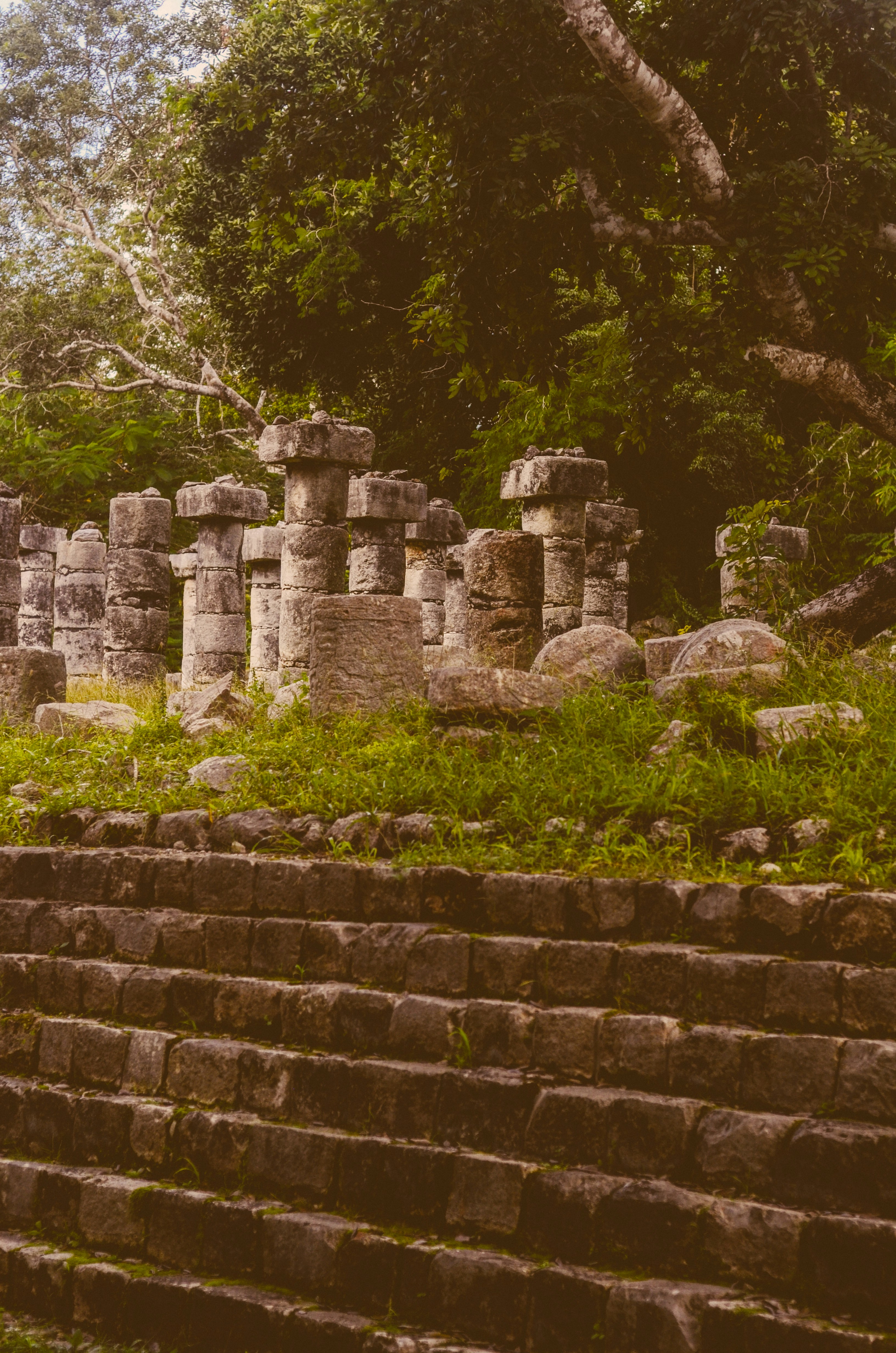 Une grande structure en pierre posée au sommet d’un champ verdoyant ...