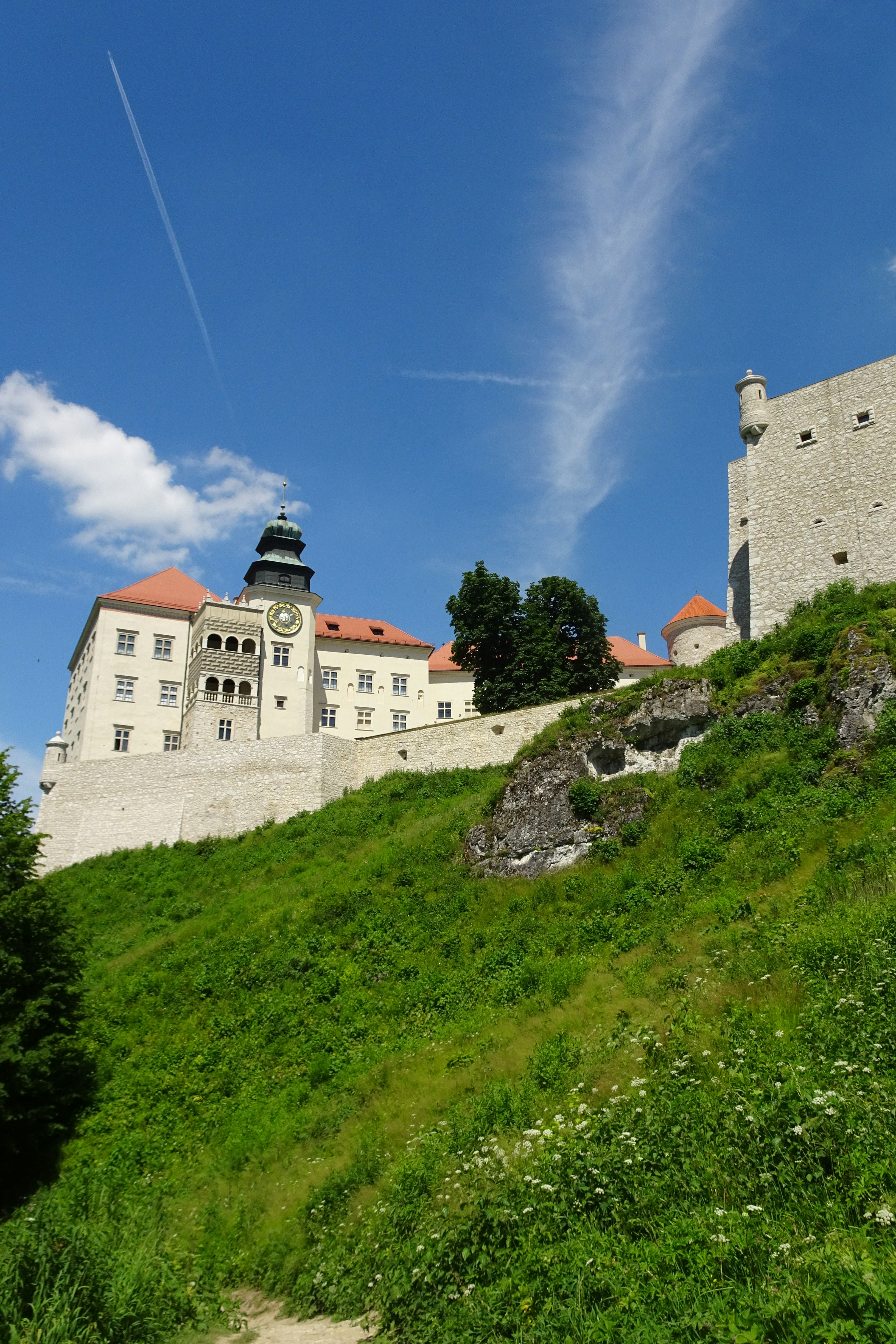 Poland - Pieskowa Skała Castle | a castle on a hill with a sky background