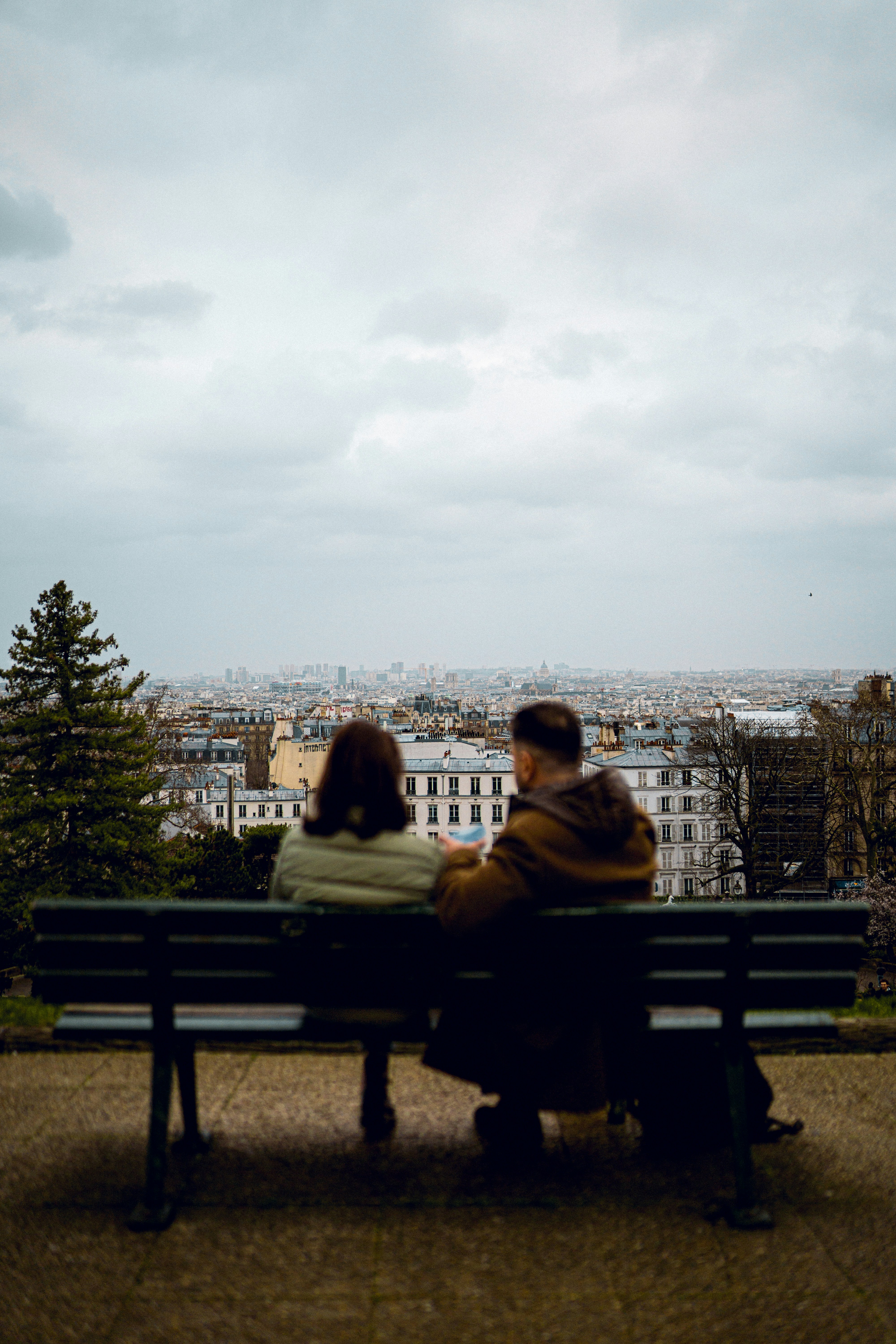 Couple seated on a bench, gazing over a panoramic view of Paris under a cloudy sky.