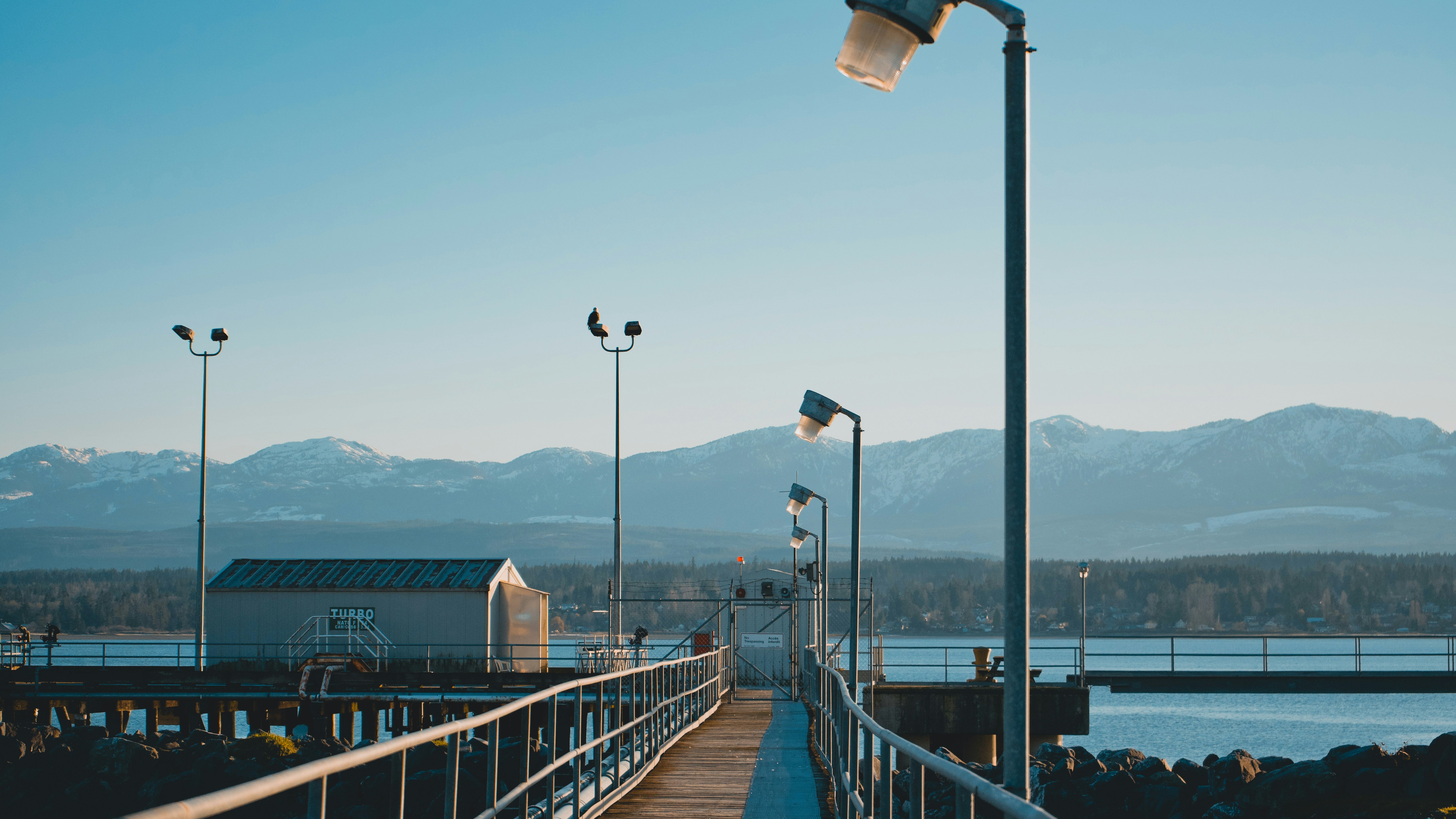 A pier with a light pole and street lamps photo – Free Blue Image on ...