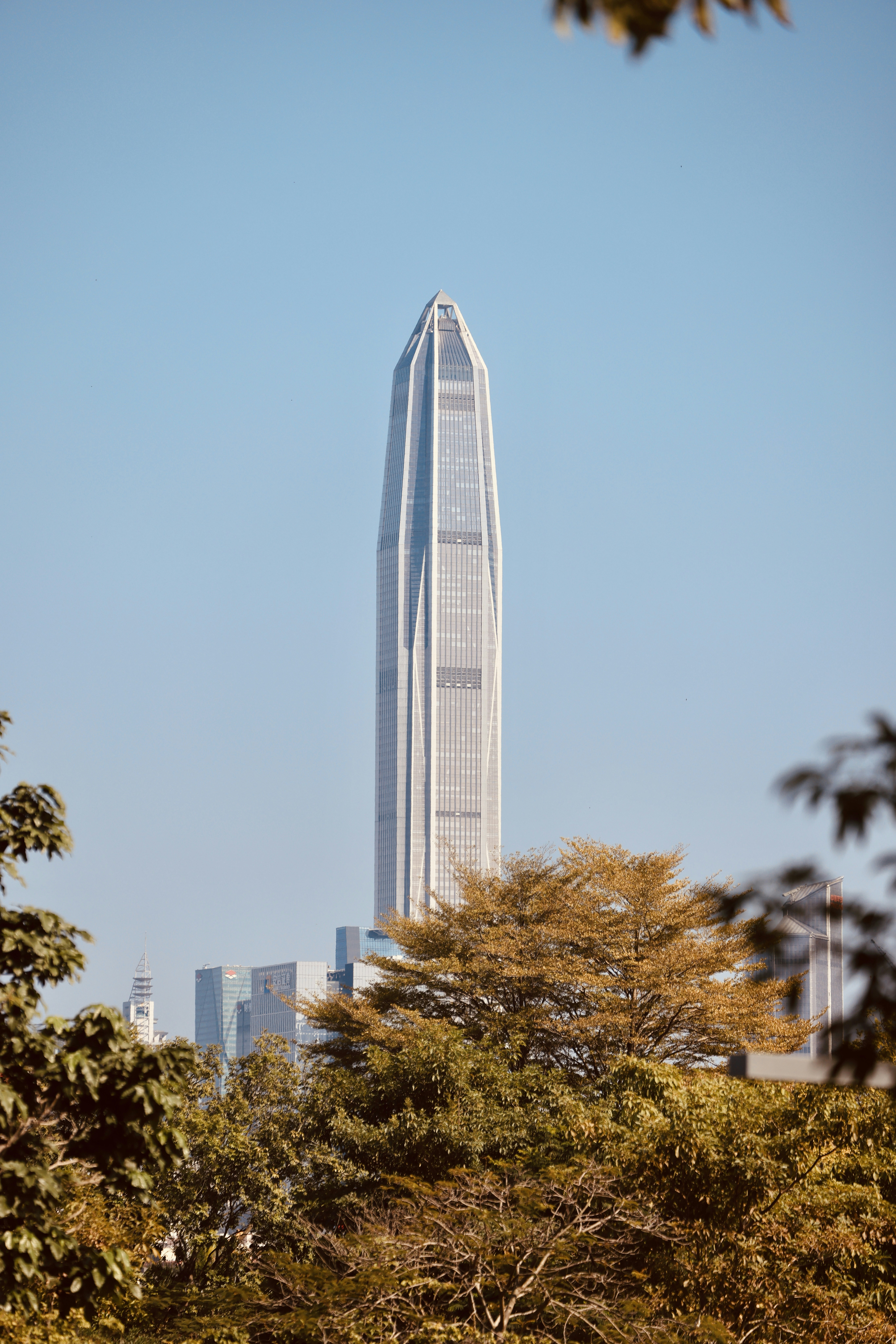 A tall skyscraper towering over a forest of trees photo – Free Building ...
