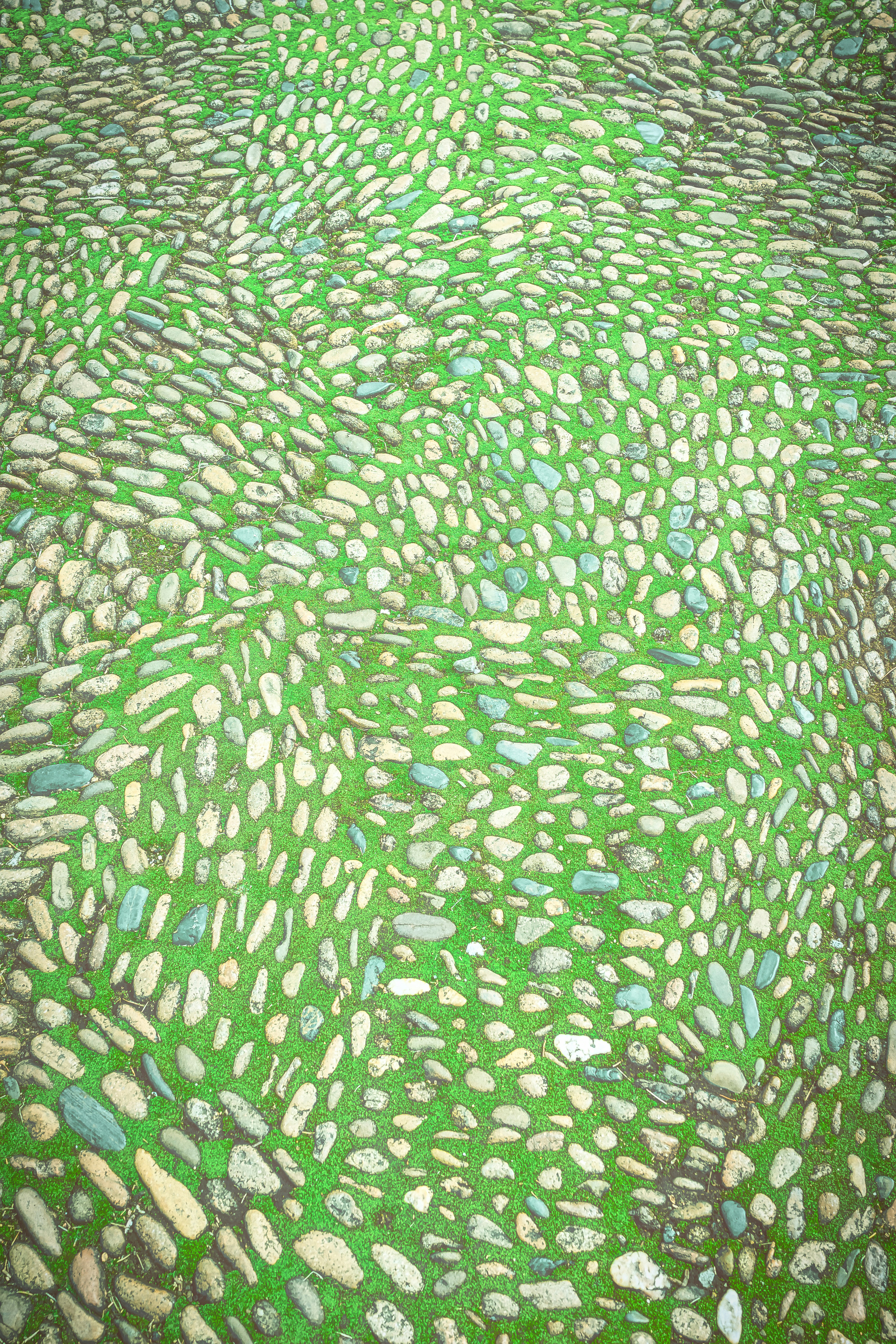 Close-up of a textured pebble mosaic with green grass-like grout, forming a swirling pattern across the surface. It is a decorative floor finish.