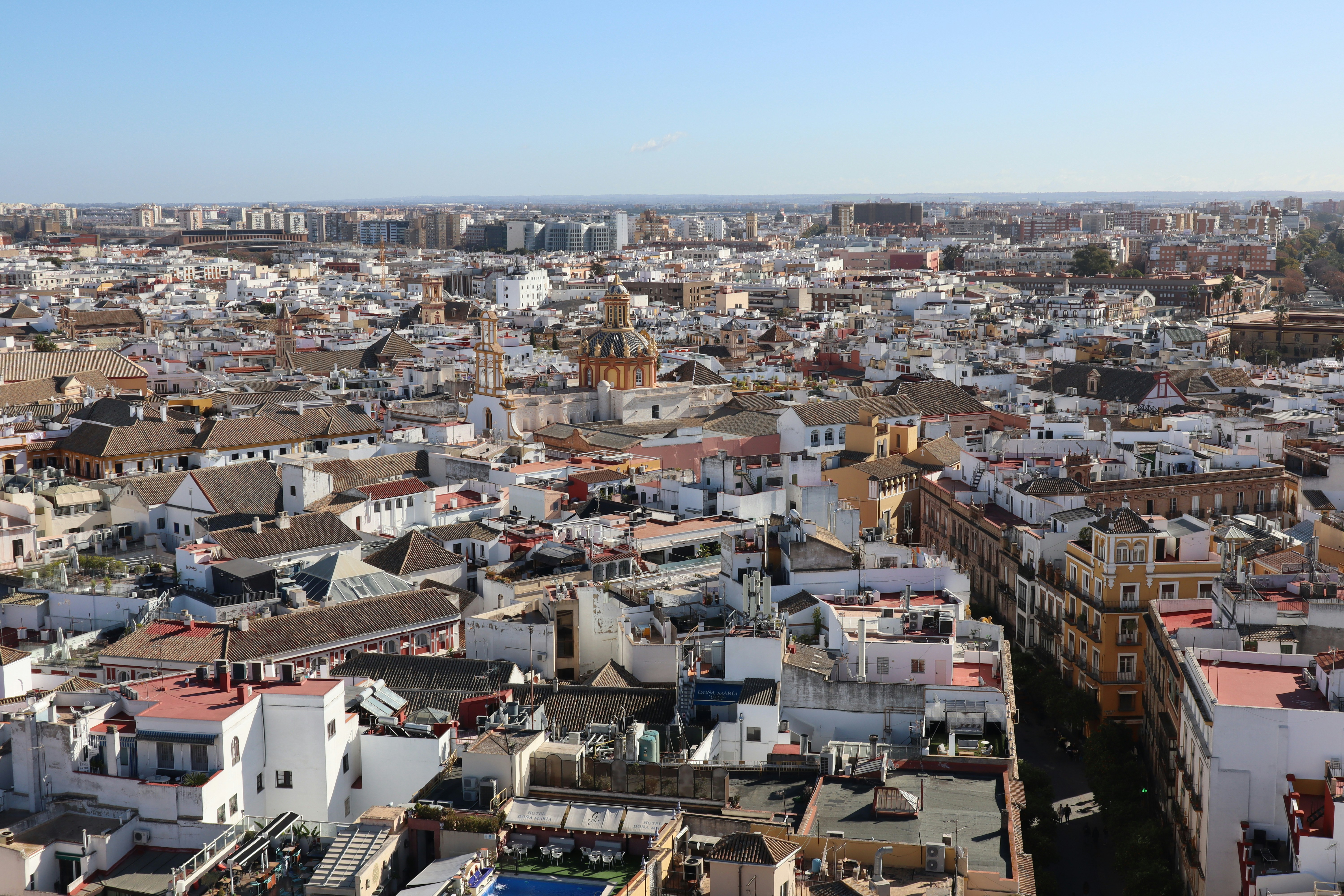 Expansive view of Seville's dense rooftops under a clear blue sky.