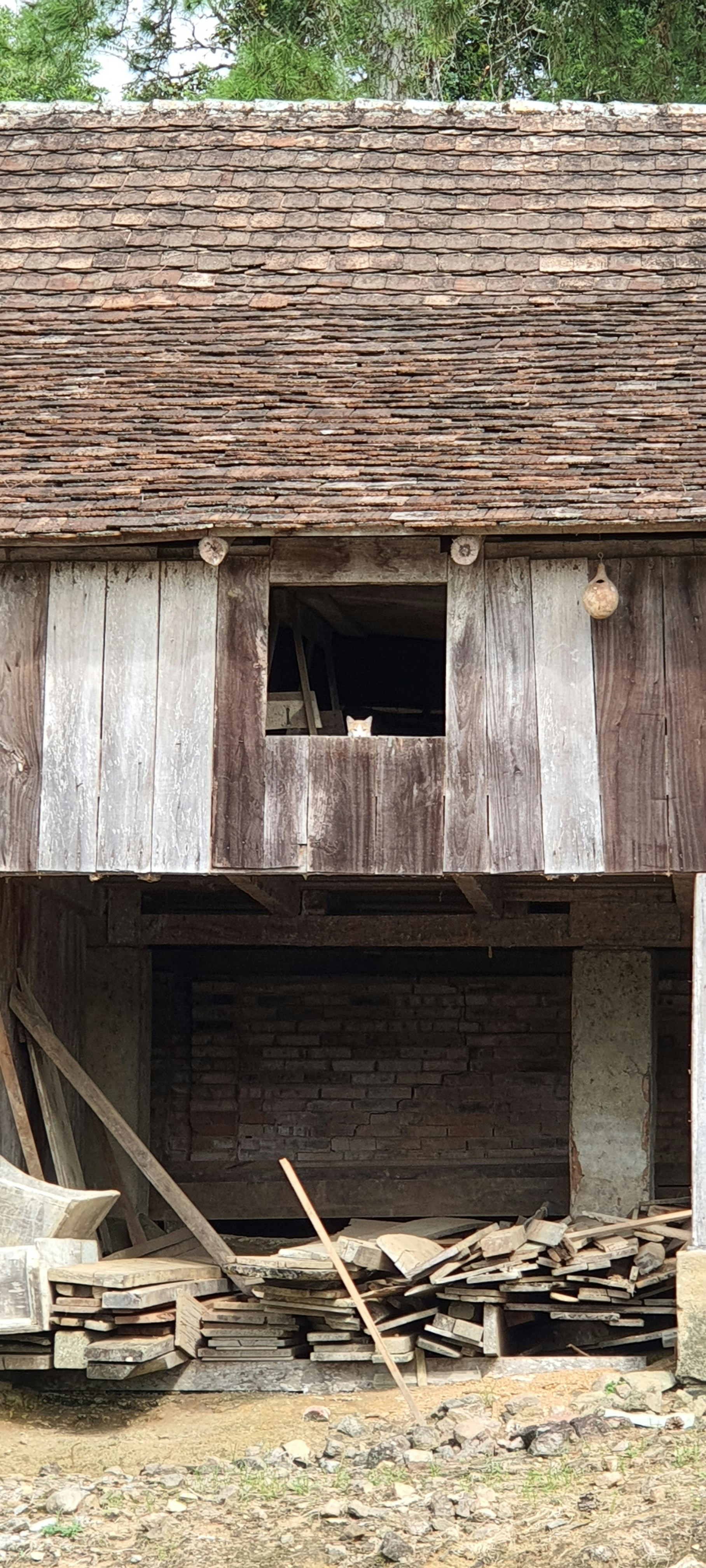 Weathered barn doorway under a tiled roof with stacked timber