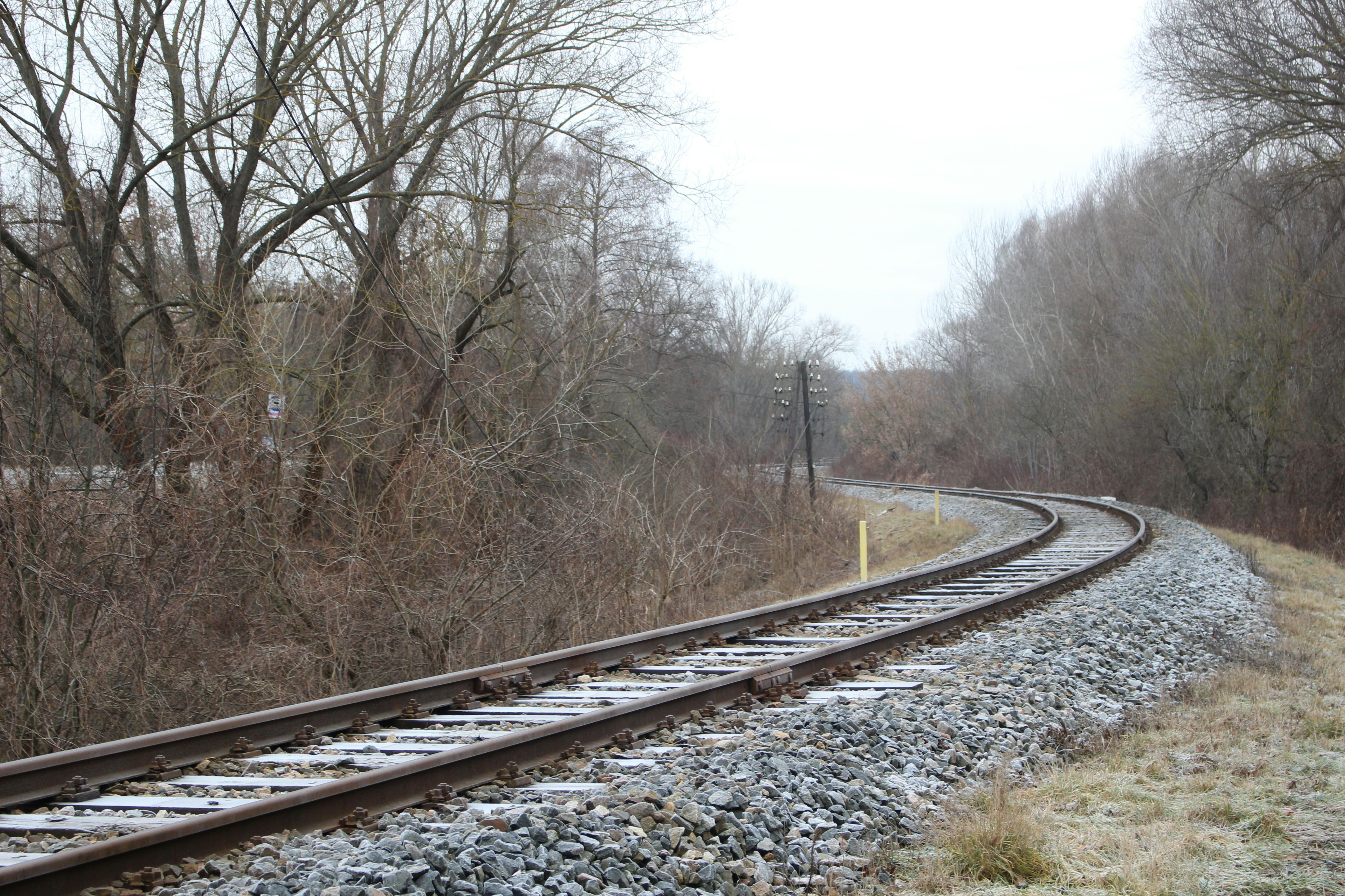A train track running through a wooded area photo – Free Railway Image ...