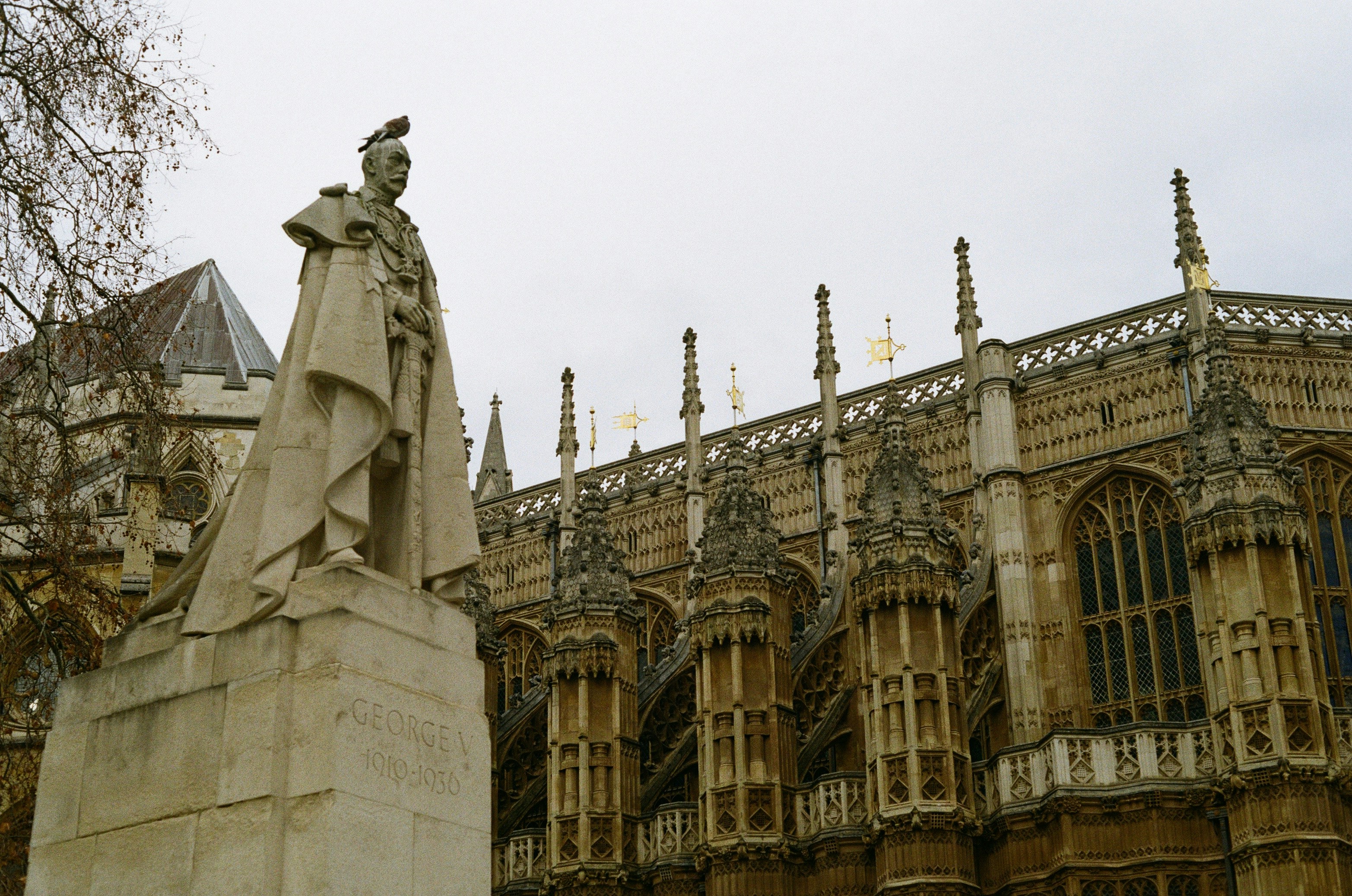 George Statue Framed by a Gothic Cathedral's Spired Facade