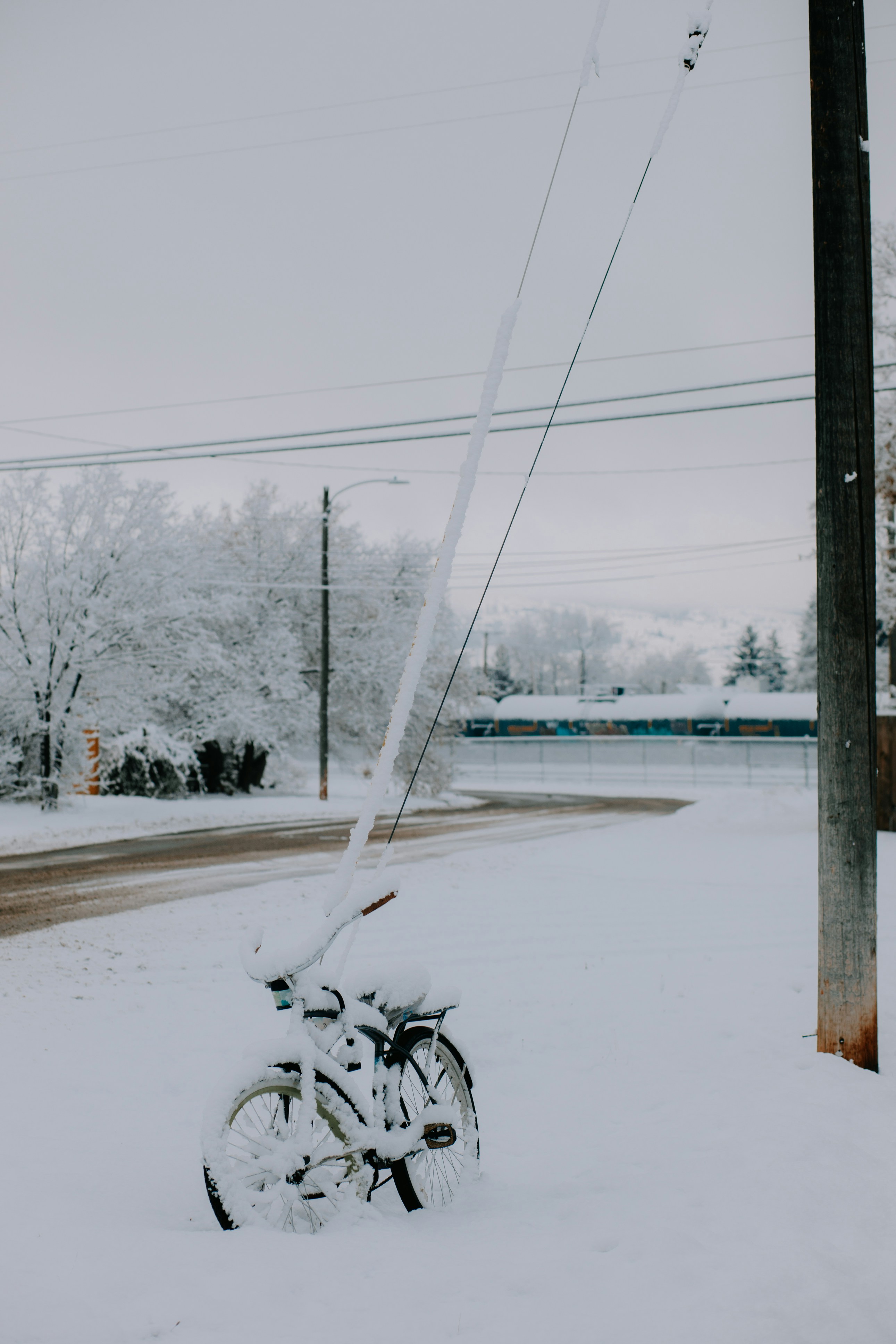 Frosted Bicycle at the Edge of a Snowbound Street