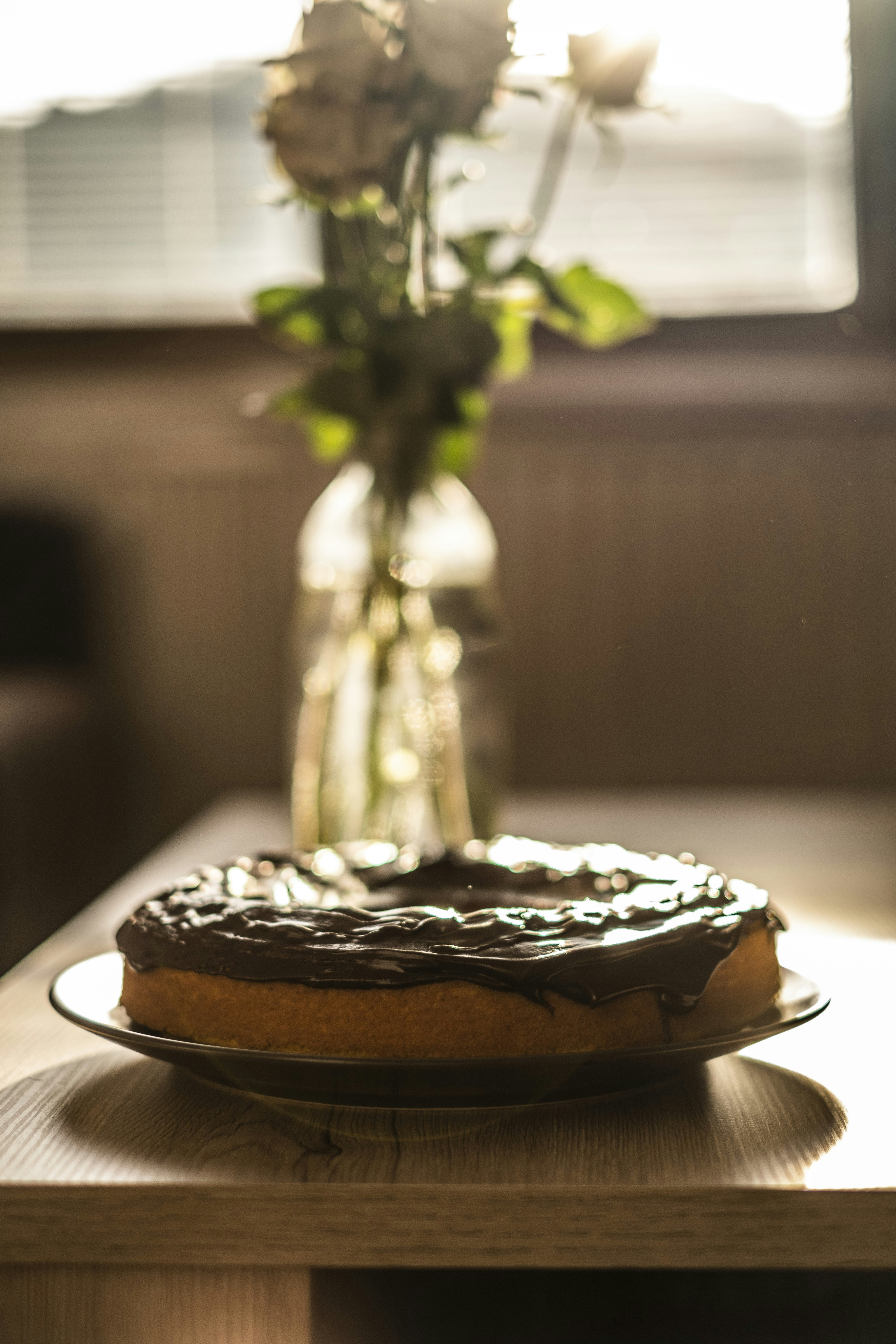 Chocolate-glazed cake on a sunlit kitchen counter with a blurred vase centerpiece
