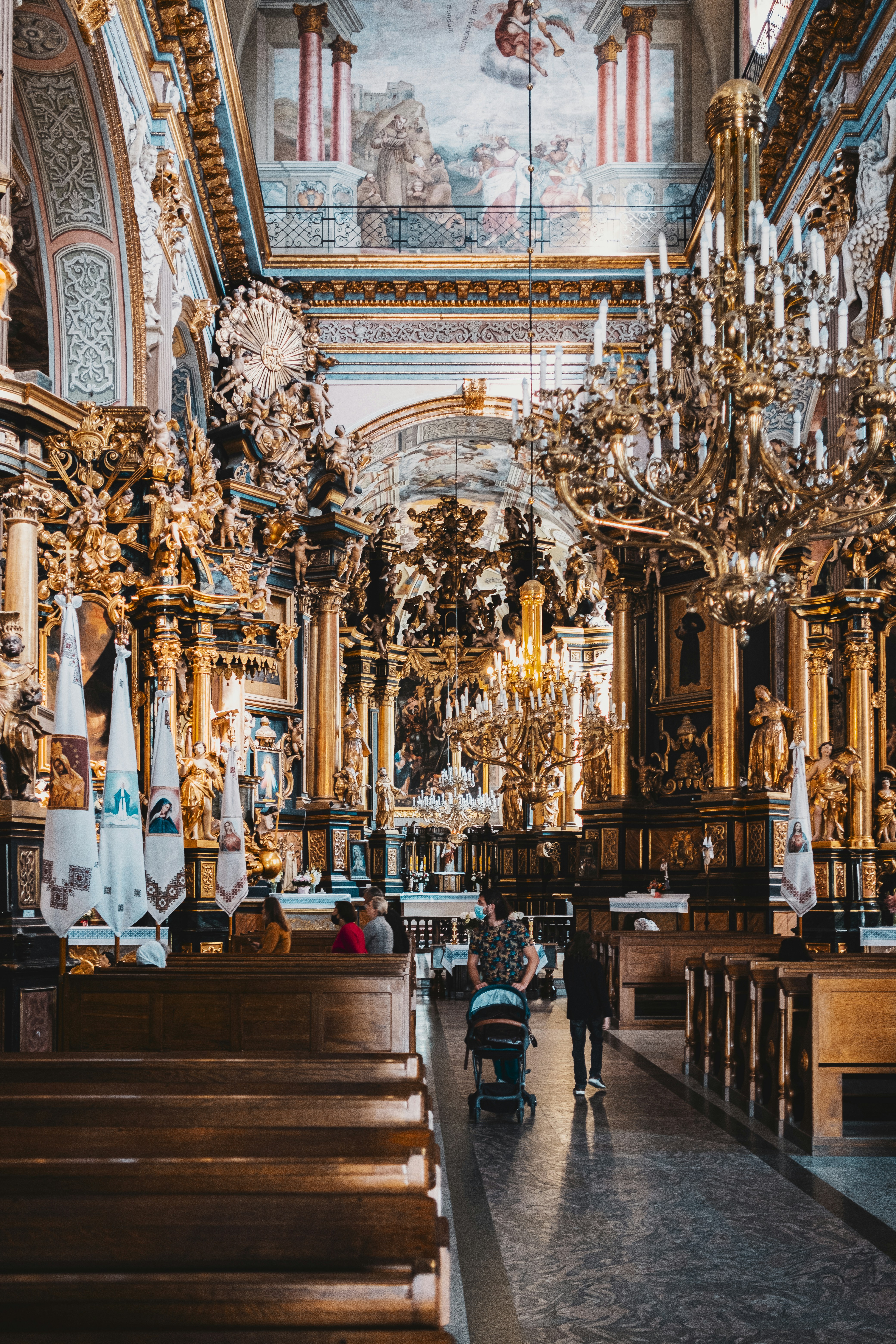 Opulent Baroque Nave: Candlelit Gilding Toward the Altar