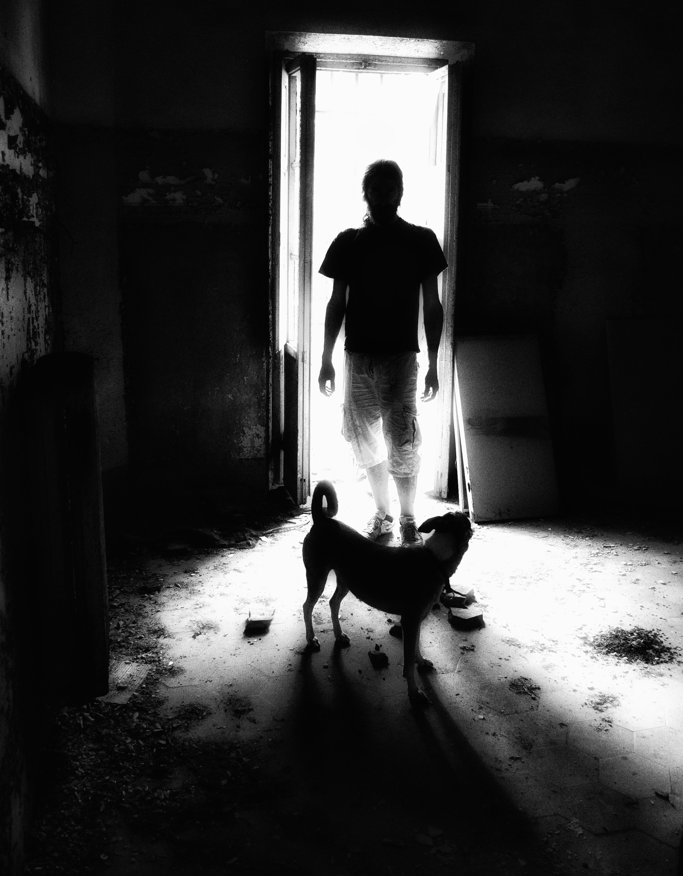 Threshold Silhouette: Man and Dog in a Backlit Doorway