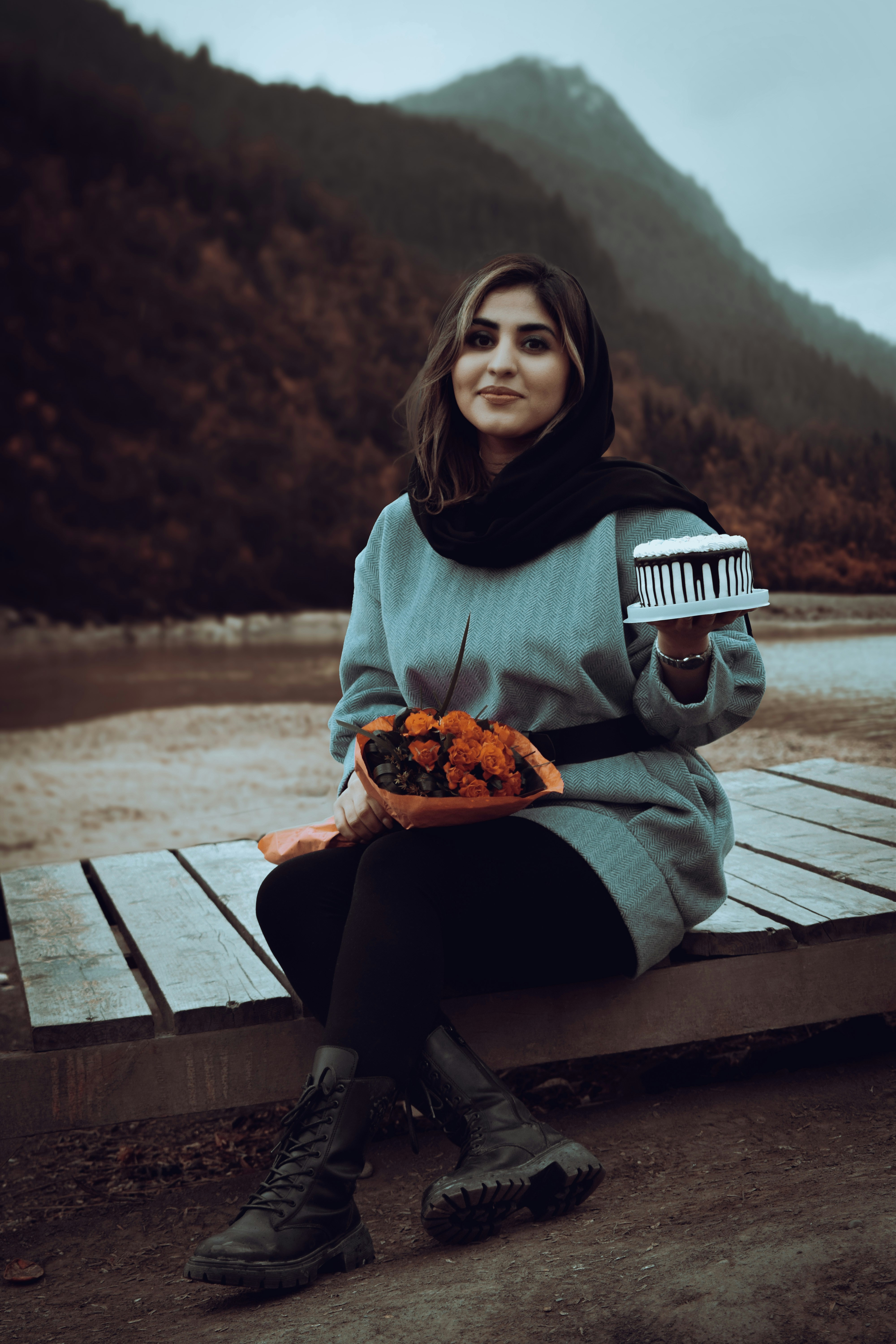 Bouquet and Cake: A Quiet Moment on the Riverside Deck