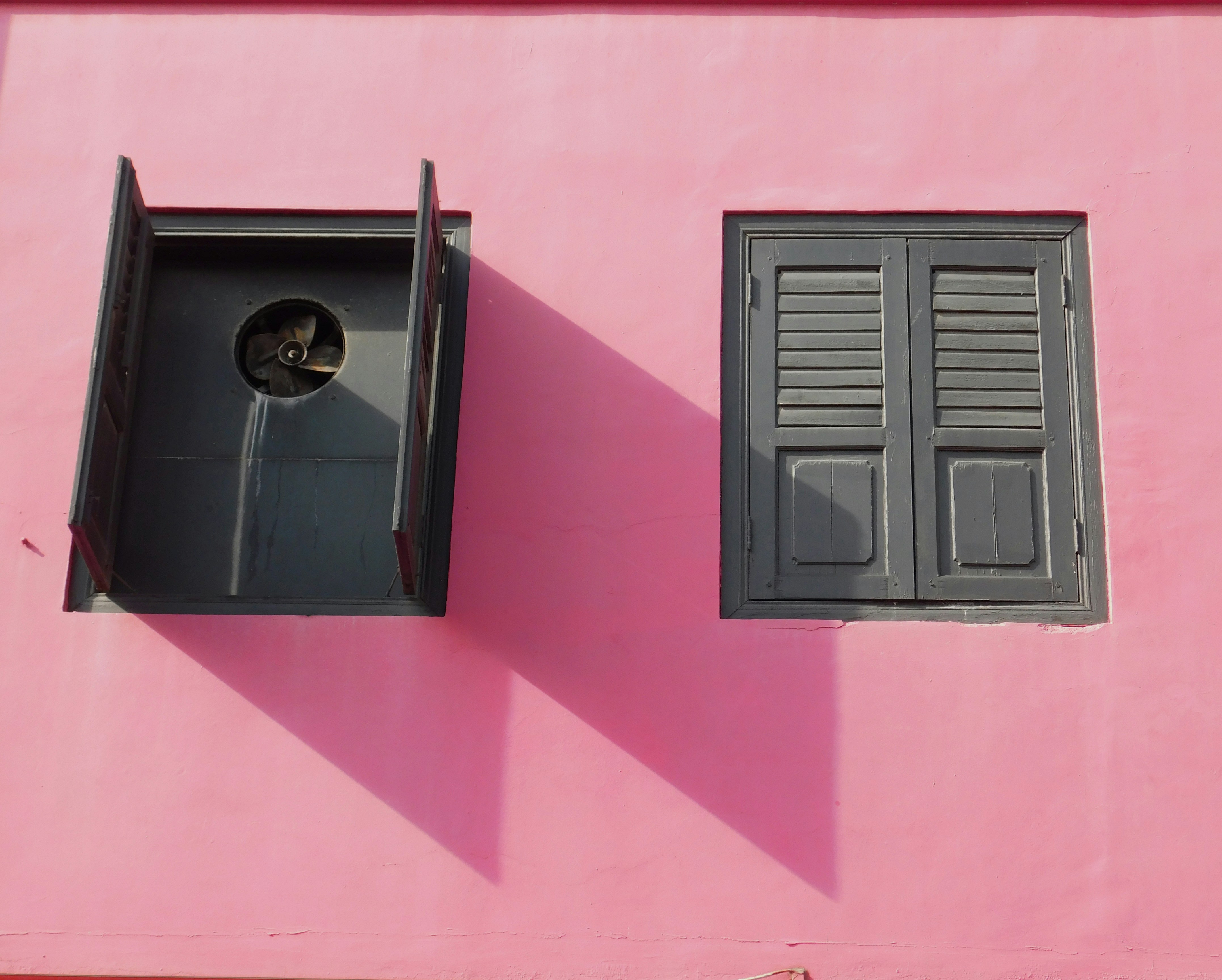 a pink building with two windows and a cat in the window