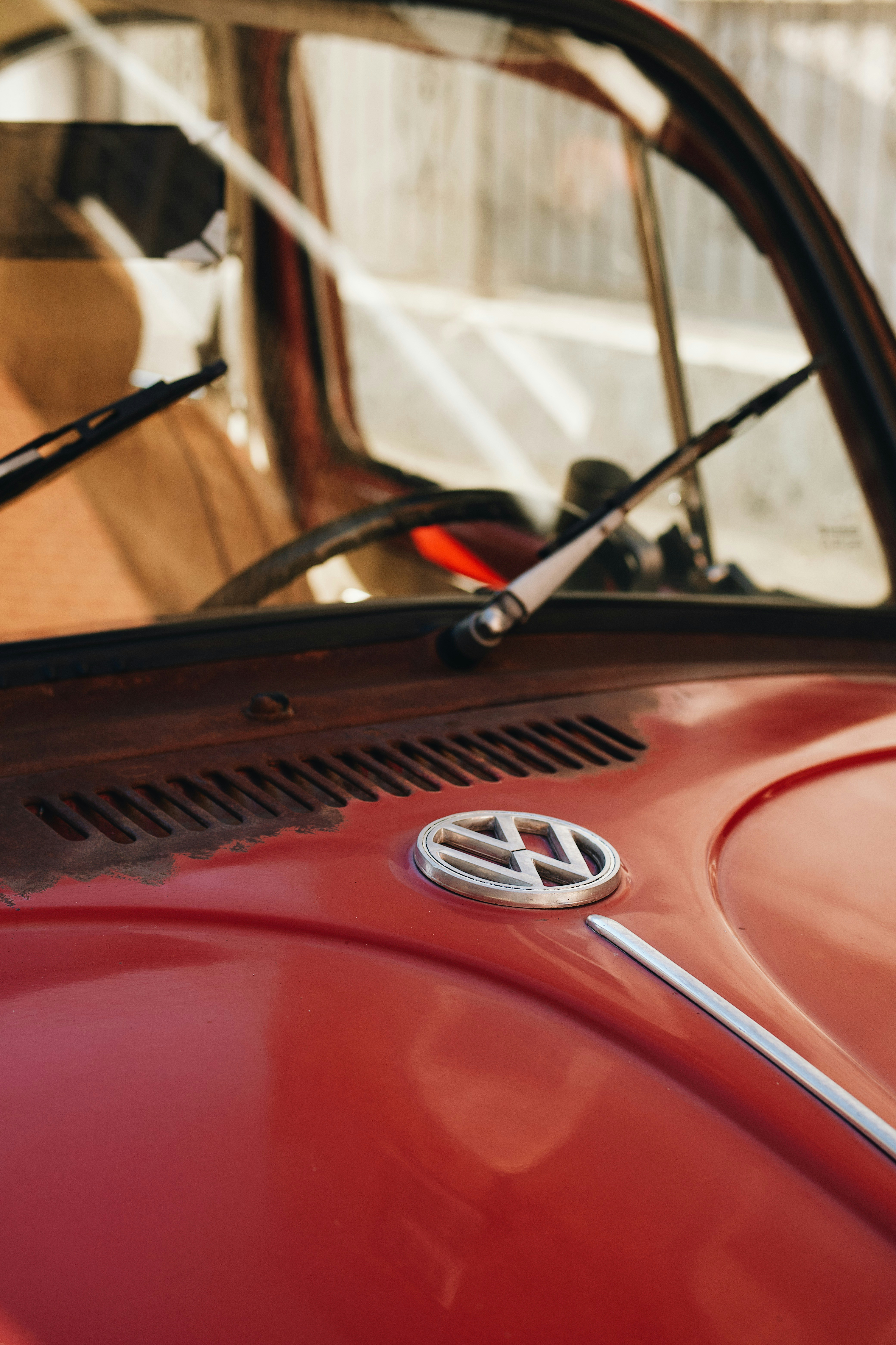Close-up of a vintage Volkswagen emblem on a red car hood, highlighting the vehicle's retro design and character.