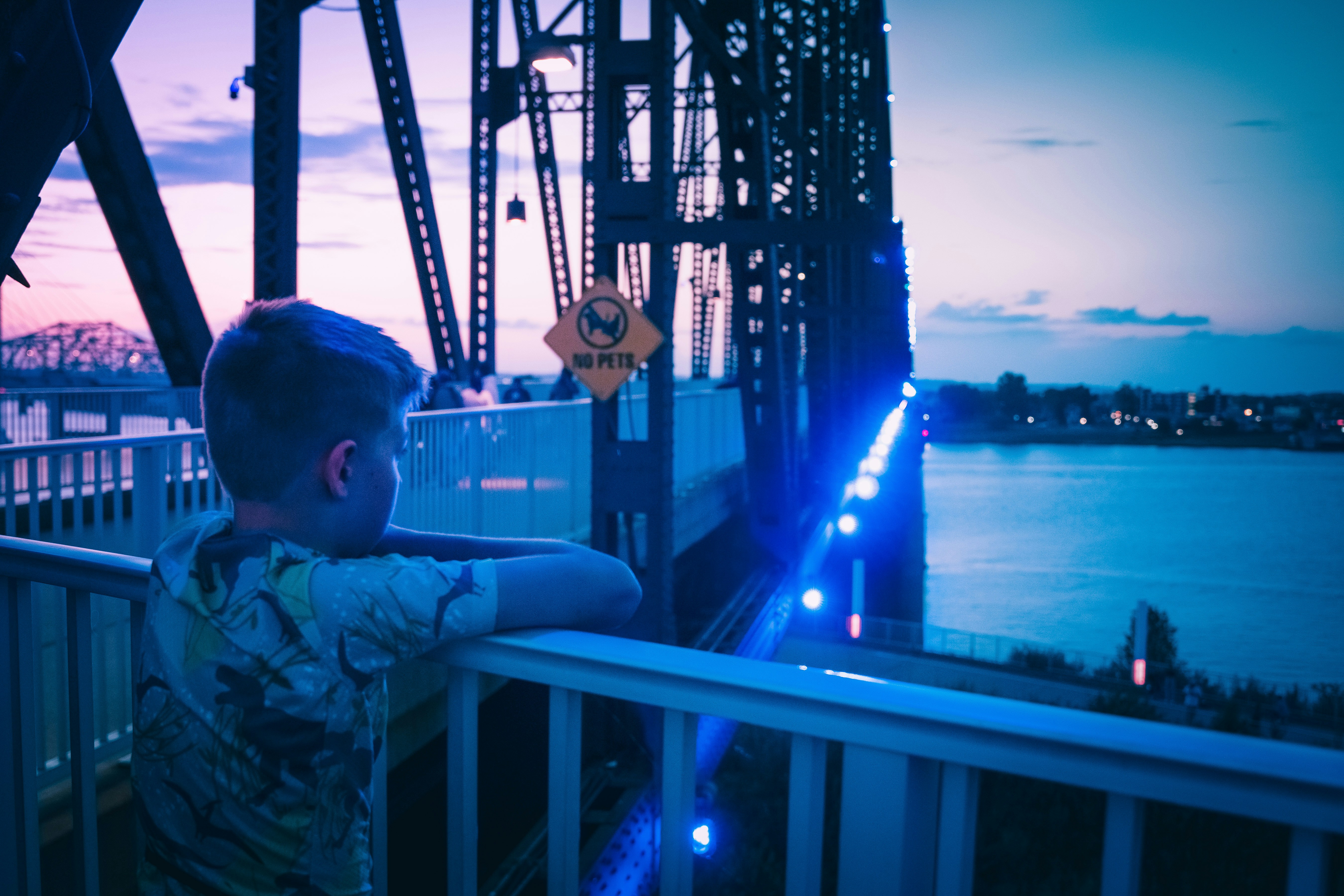 A young boy standing on a bridge looking at the water photo – Free Blue ...