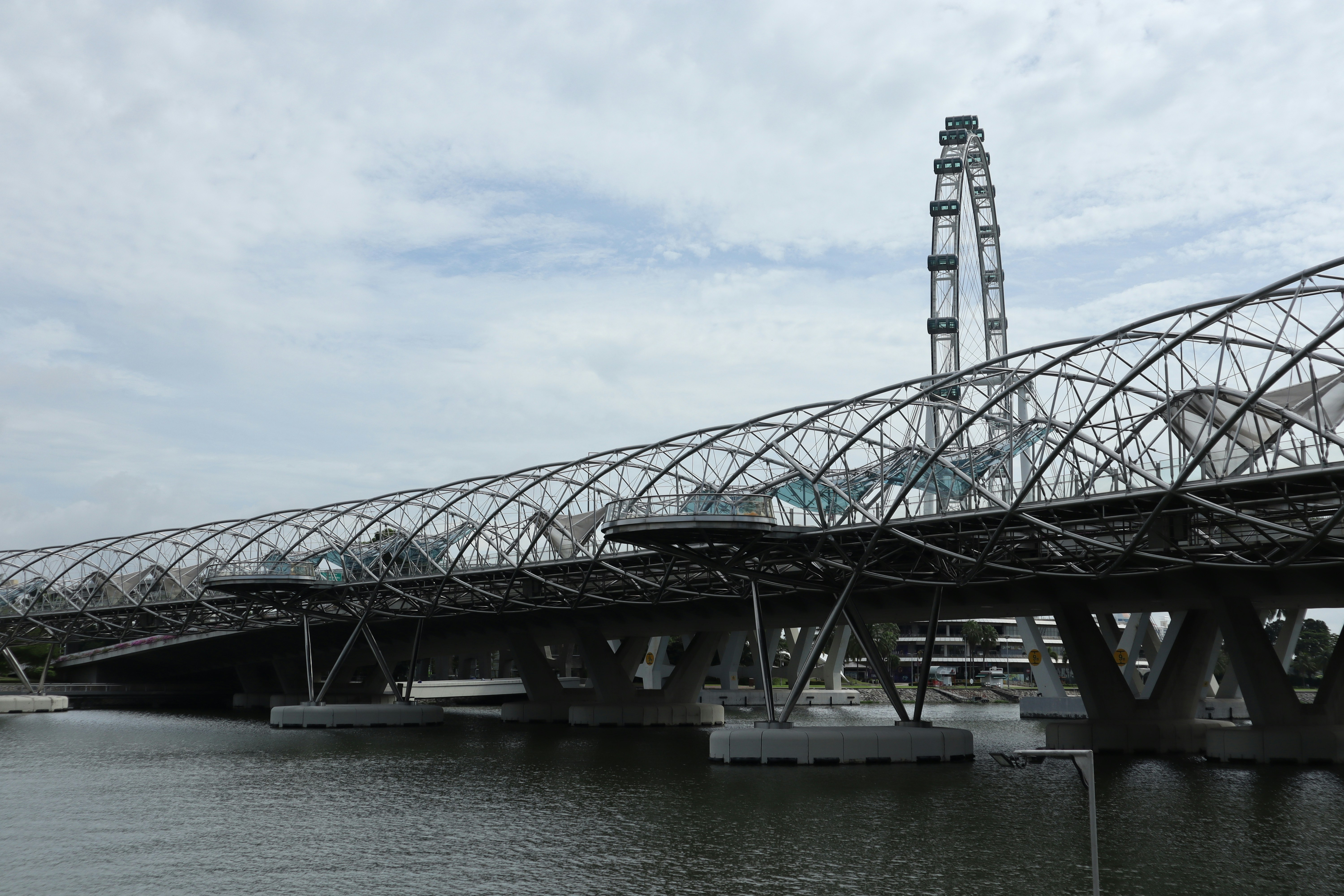Modern architectural bridge spanning a river, with a towering ferris wheel in the background. Highlights urban design and leisure.