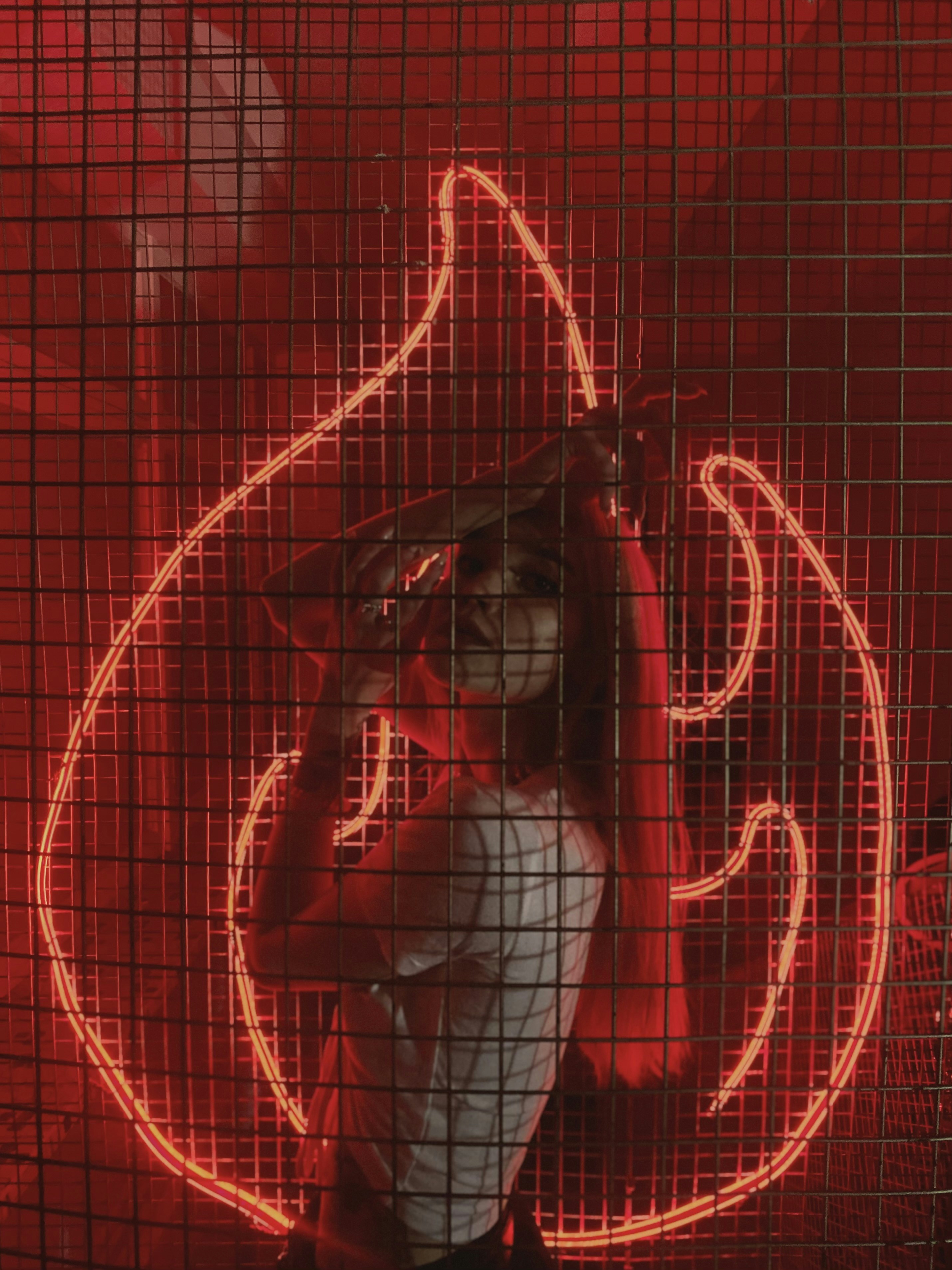Neon Flame Silhouette Behind Red Grid