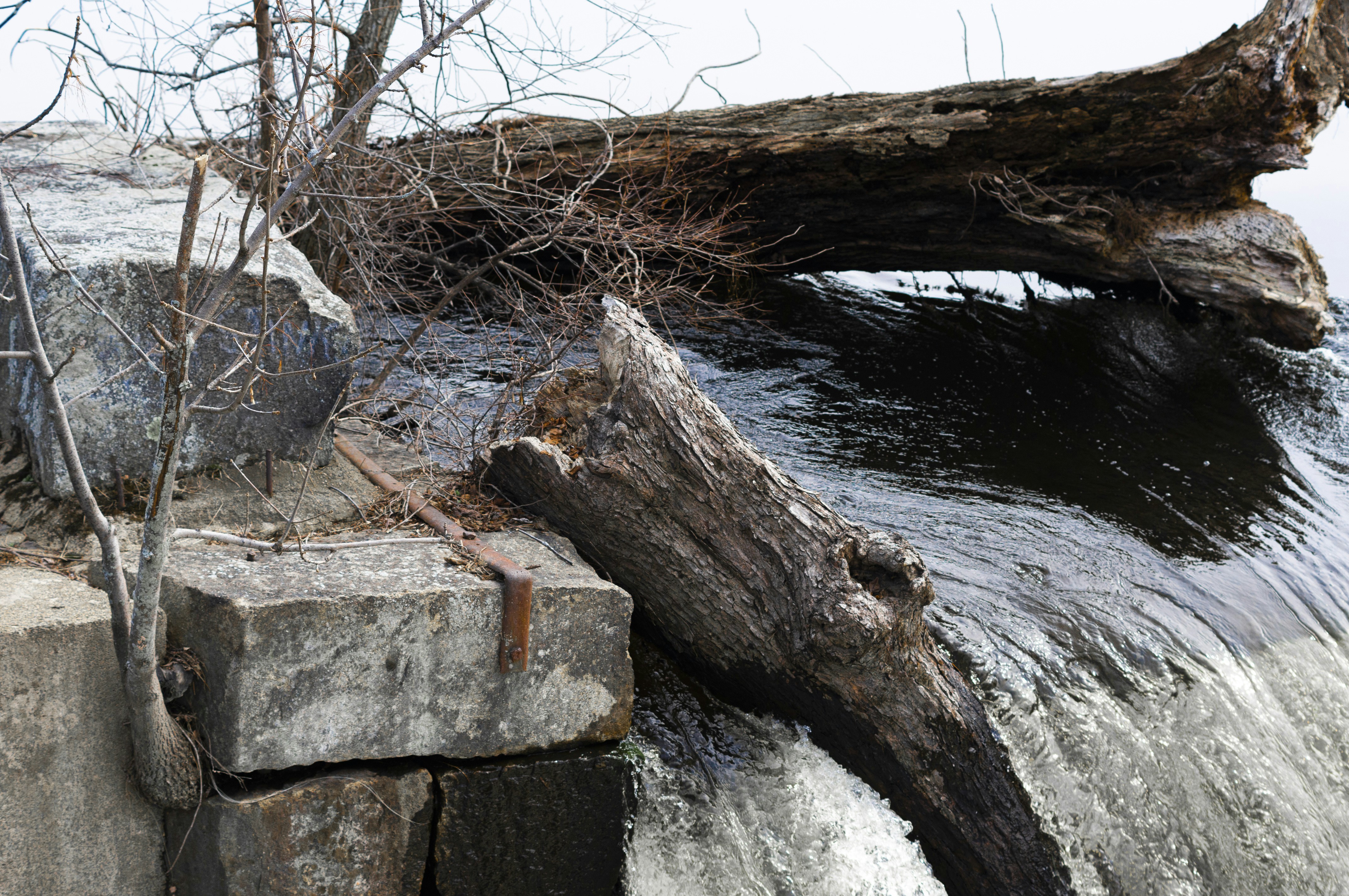 A weathered log rests on the edge of a cascading waterfall, surrounded by rugged stone and sparse vegetation. The scene captures the interplay between natural elements and man-made structures.