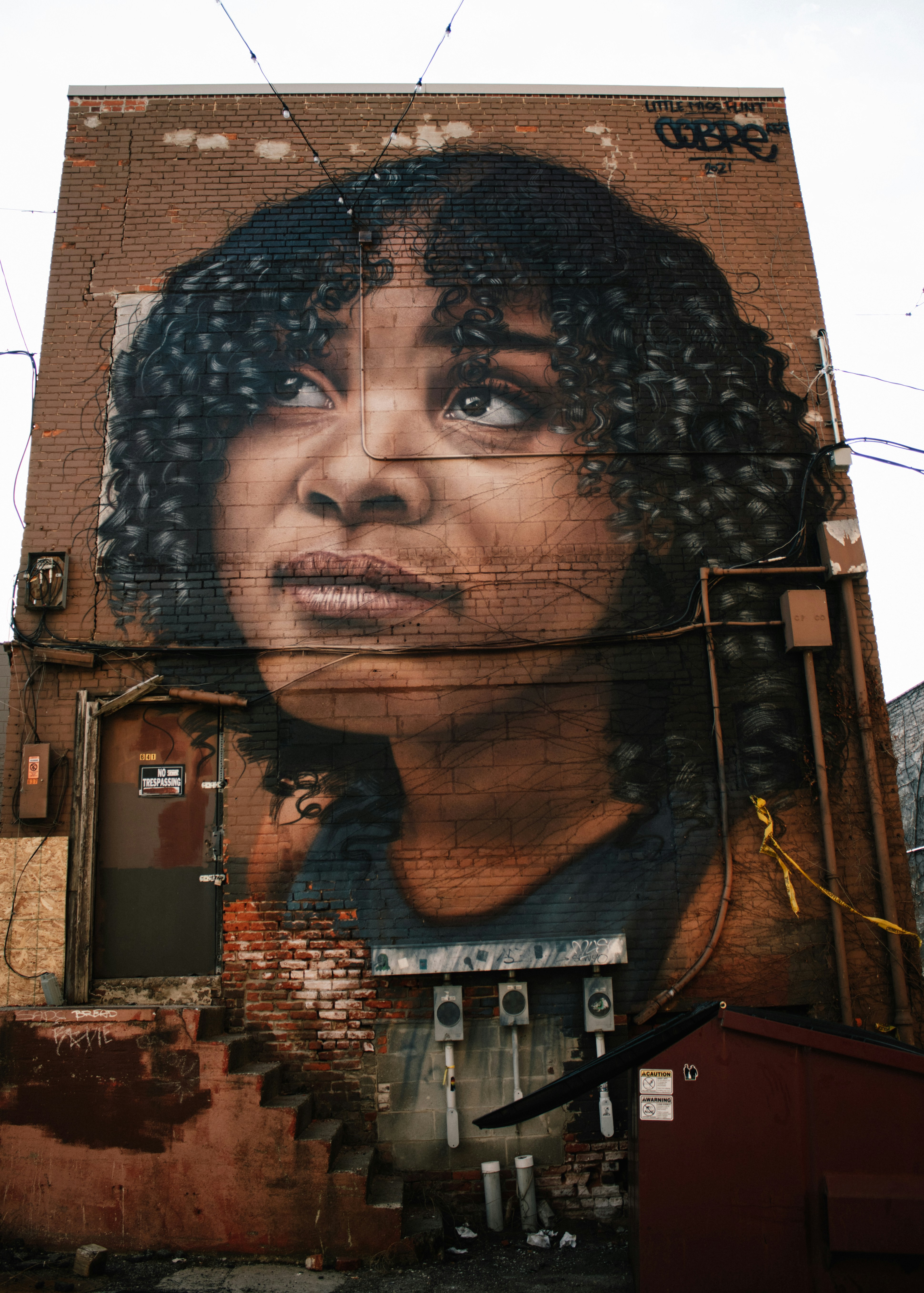 Portrait of Curled Curls: A mural gazes upward from brick walls