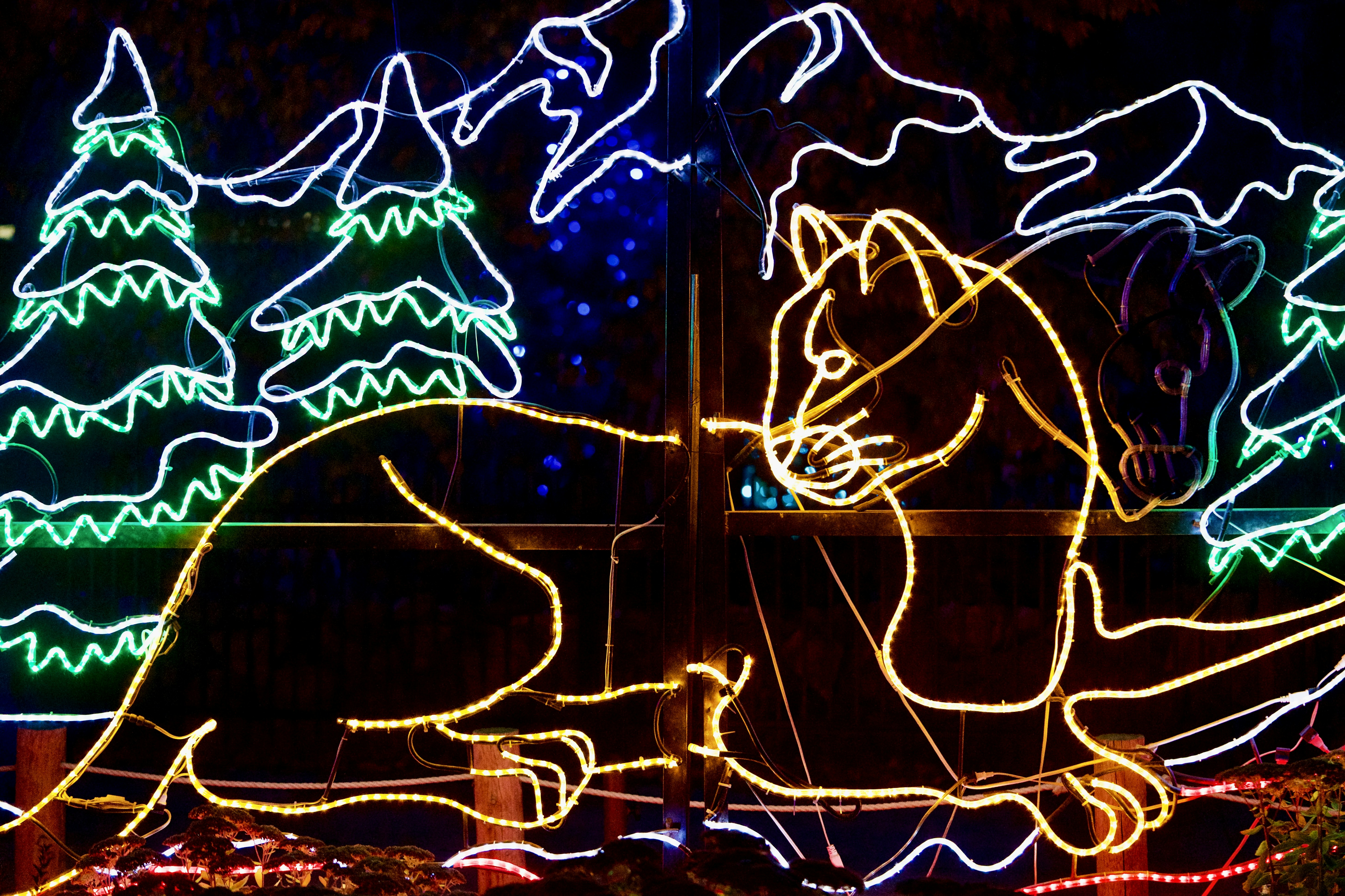 Neon Serenade: The Lion's Silhouette Amid Holiday Light Figures