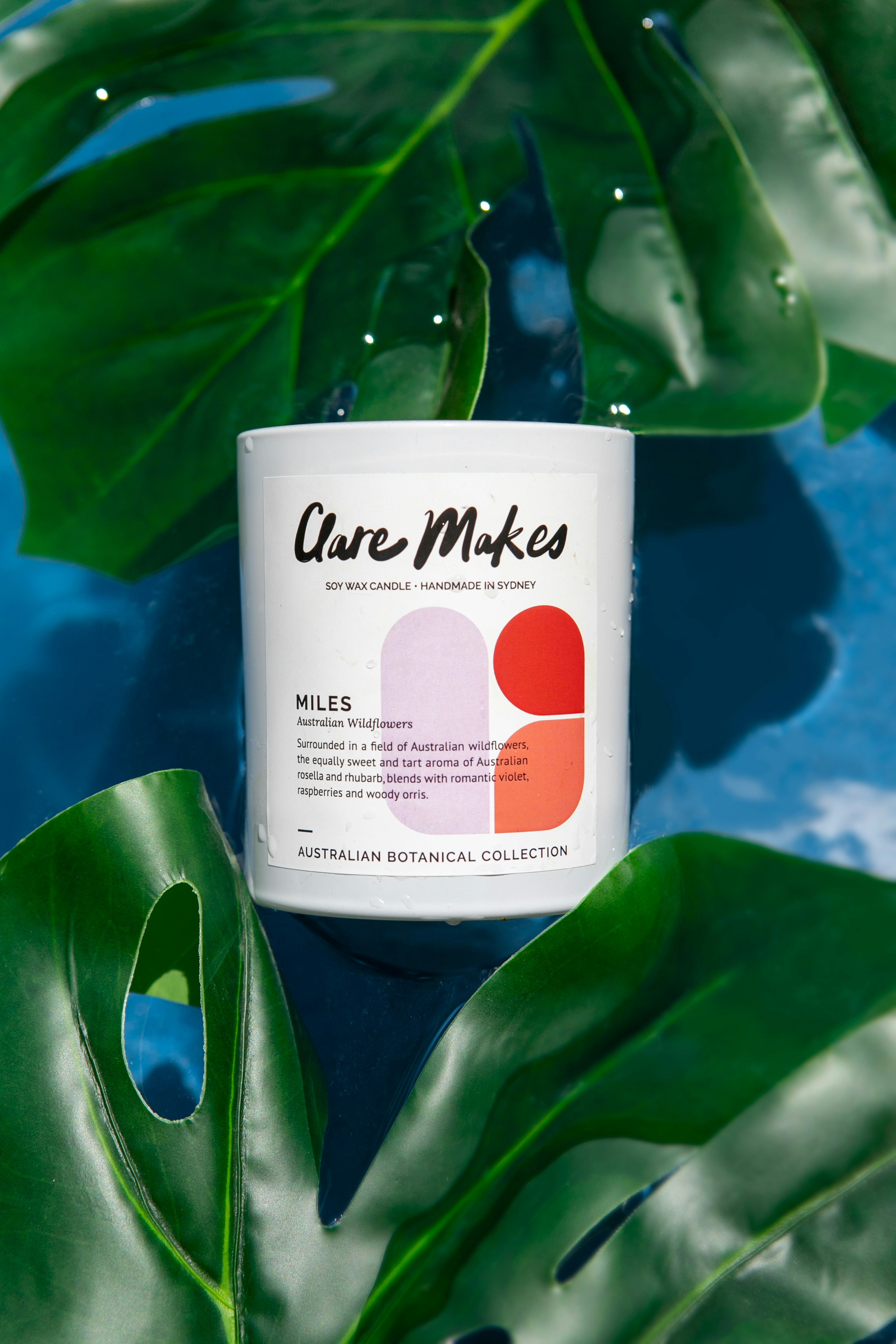 Care Makes Candle Framed by Tropical Leaves on a Deep Blue Surface