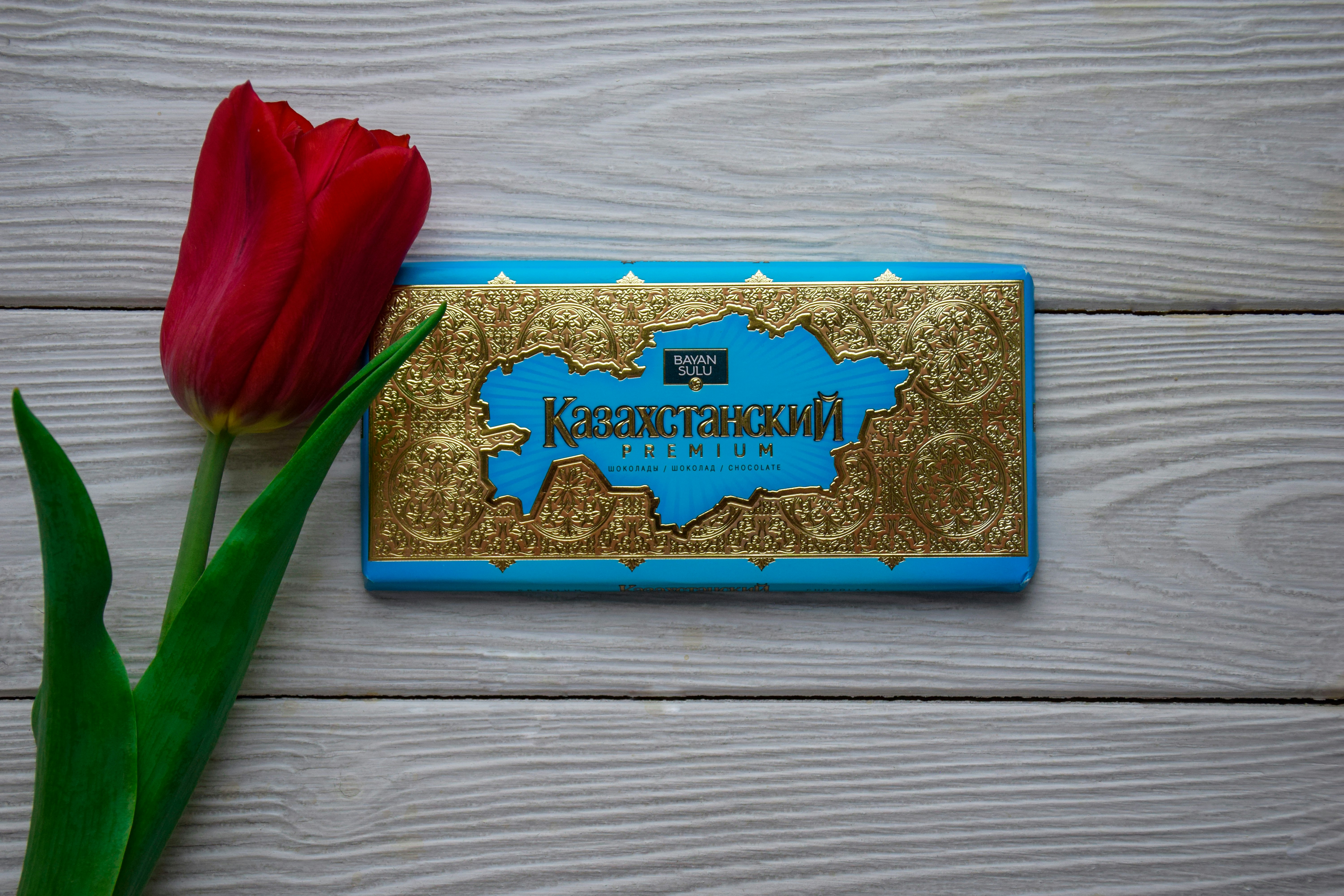 Crimson Tulip Meets Ornate Turquoise Tin on Weathered Wood