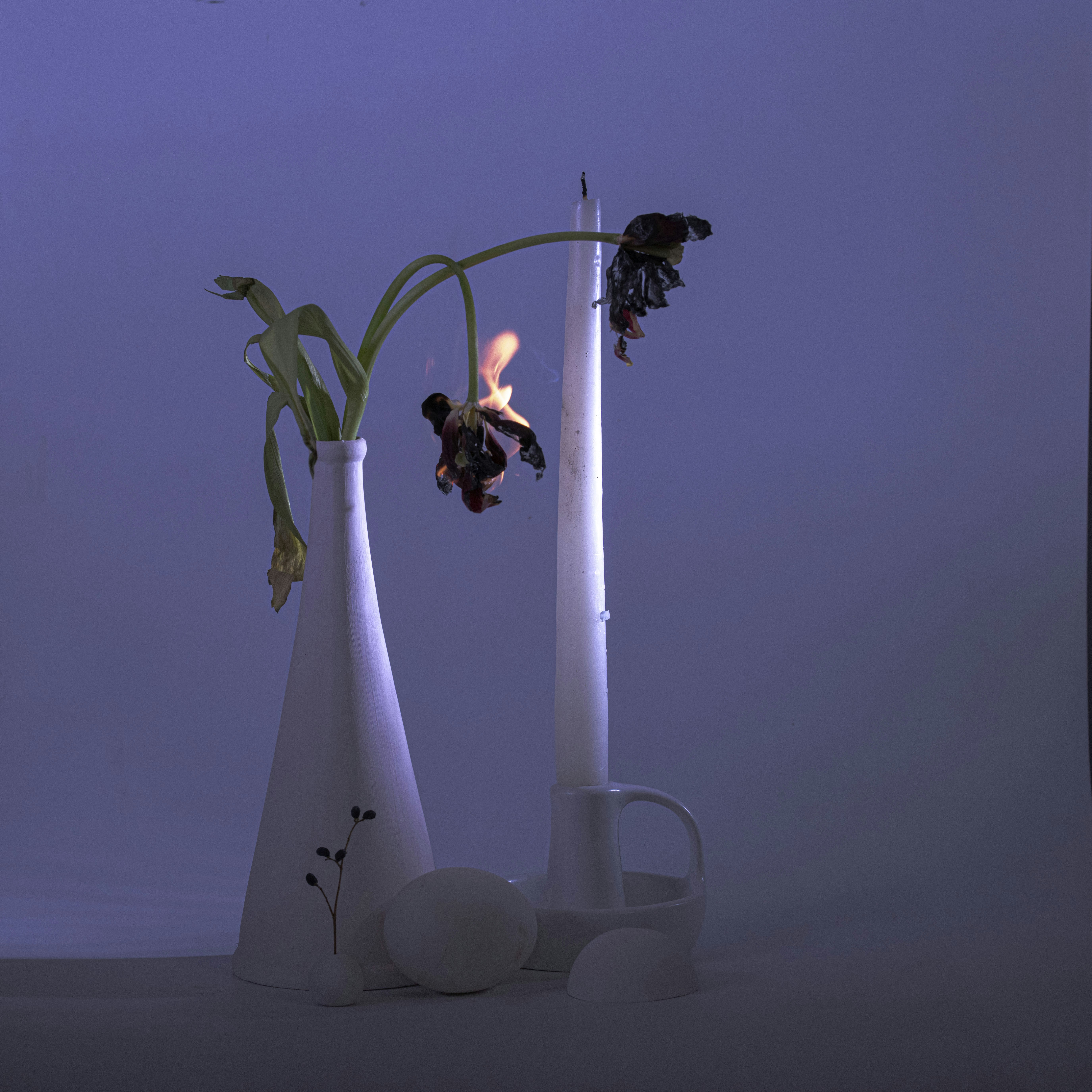 Indigo Quiet: Candle Flame Among White Ceramics and Wilting Flowers