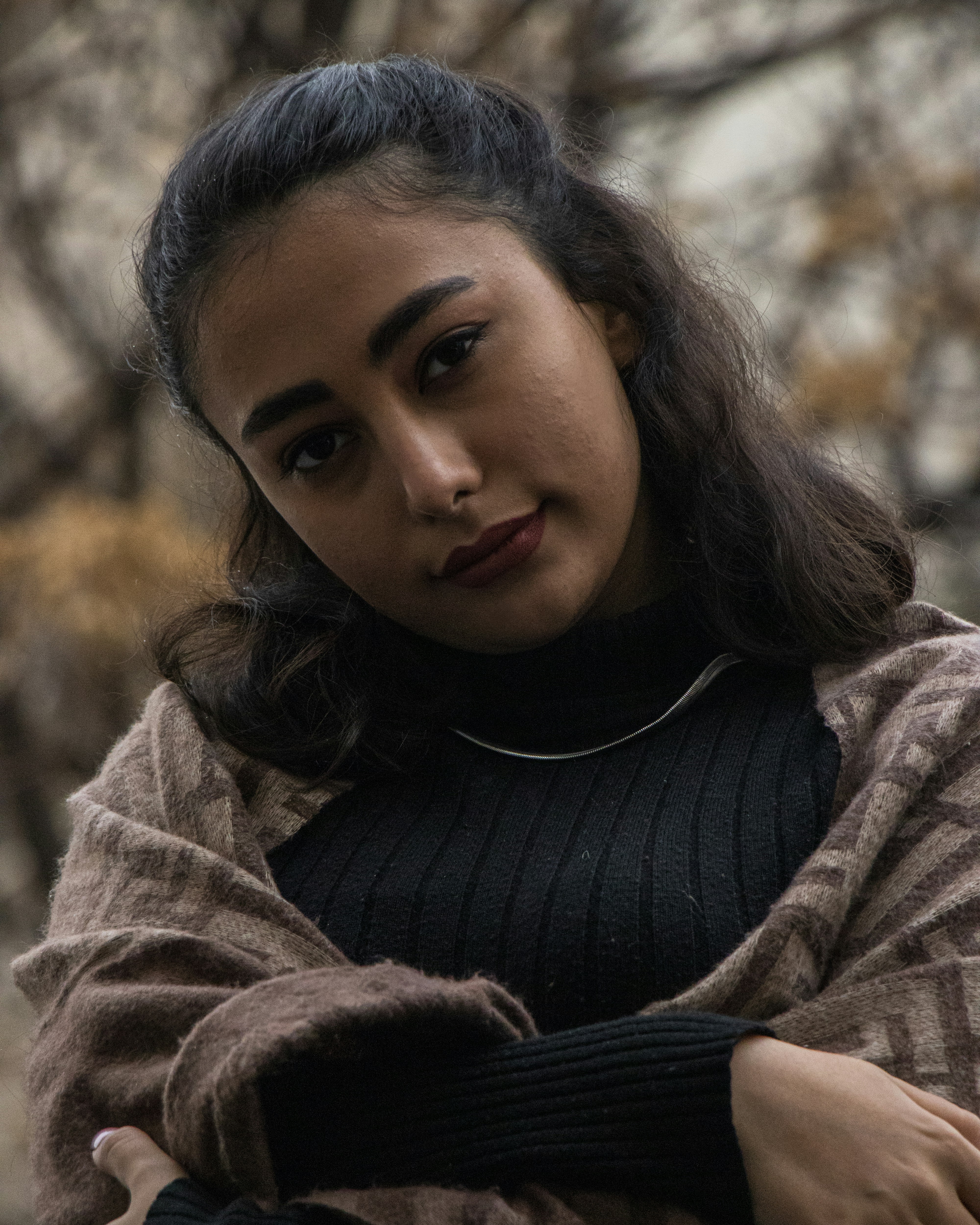 Autumn Quiet: Portrait of a Woman in Soft Cloak Under Dappled Light